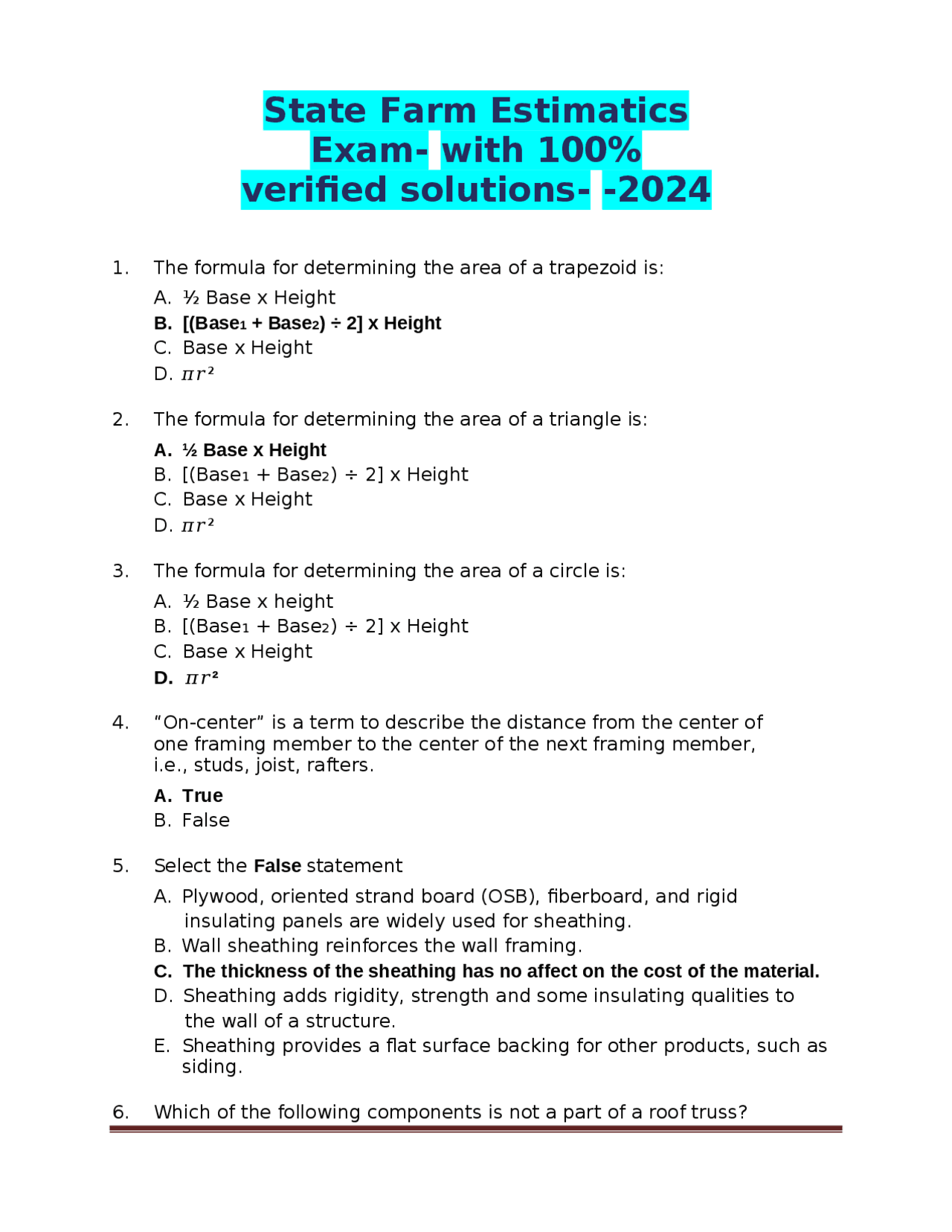 State Farm Estimatics Exam-with 100 verified solutions-2024.docx ...