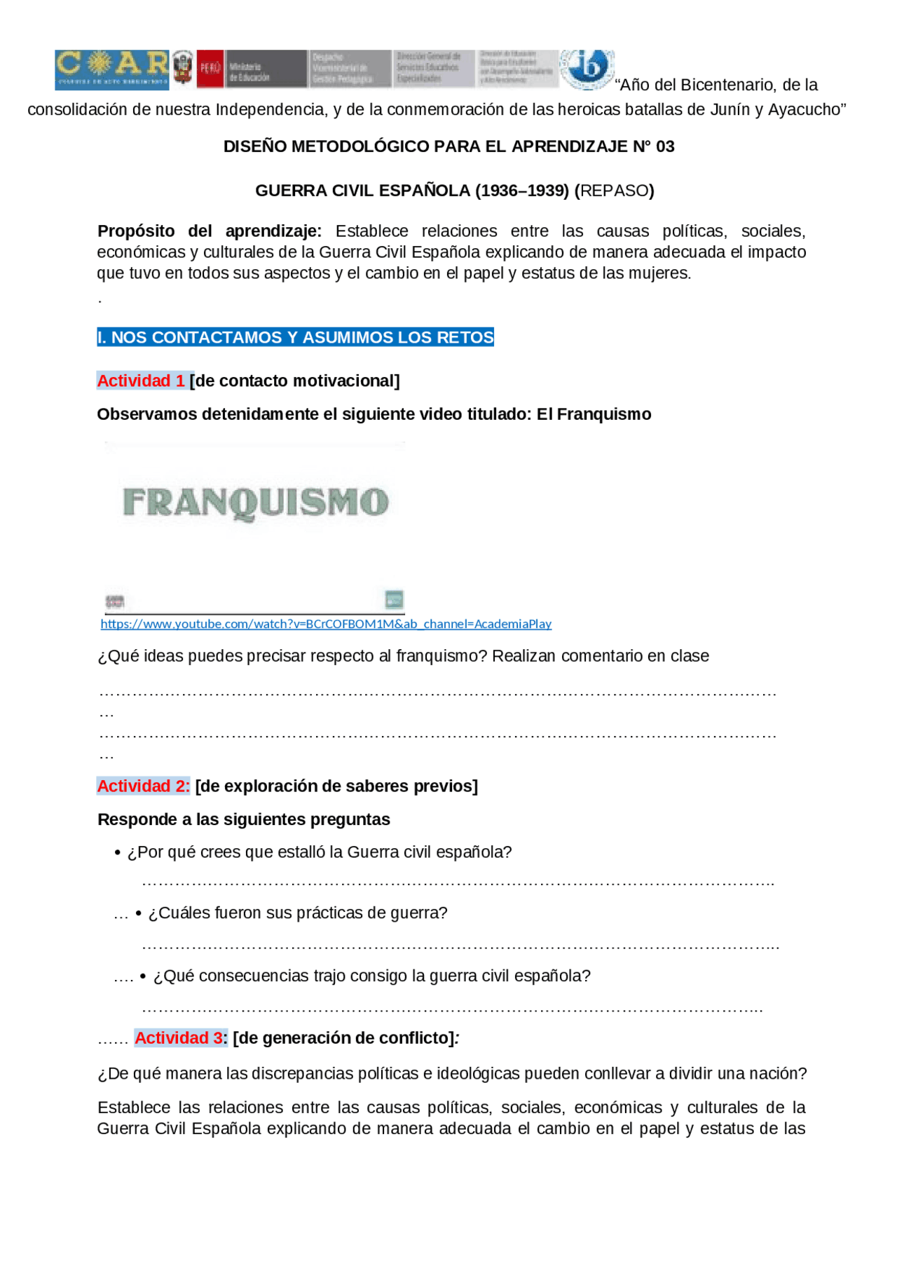 la guerra civil española | Ejercicios de Historia | Docsity