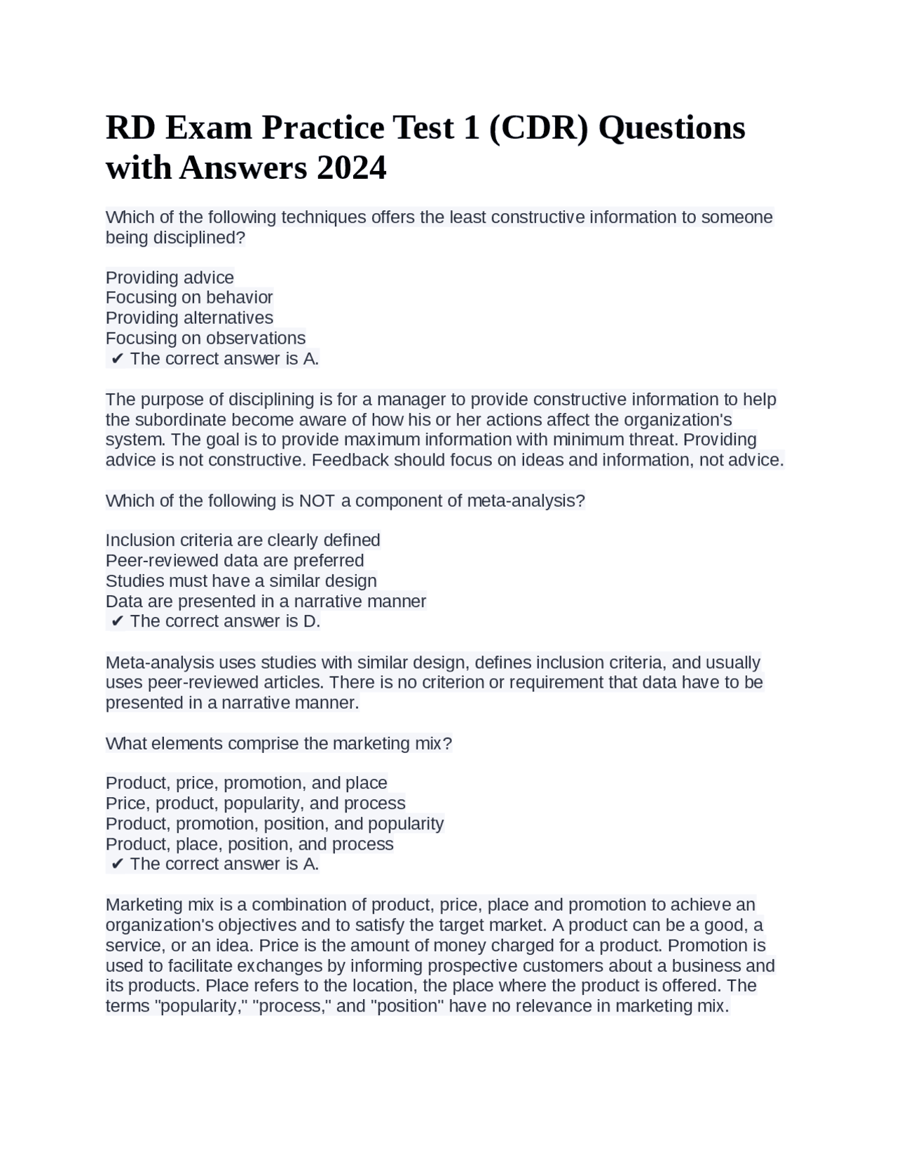 RD Exam Practice Test 1 (CDR) Questions with Answers 2024 | Exams ...