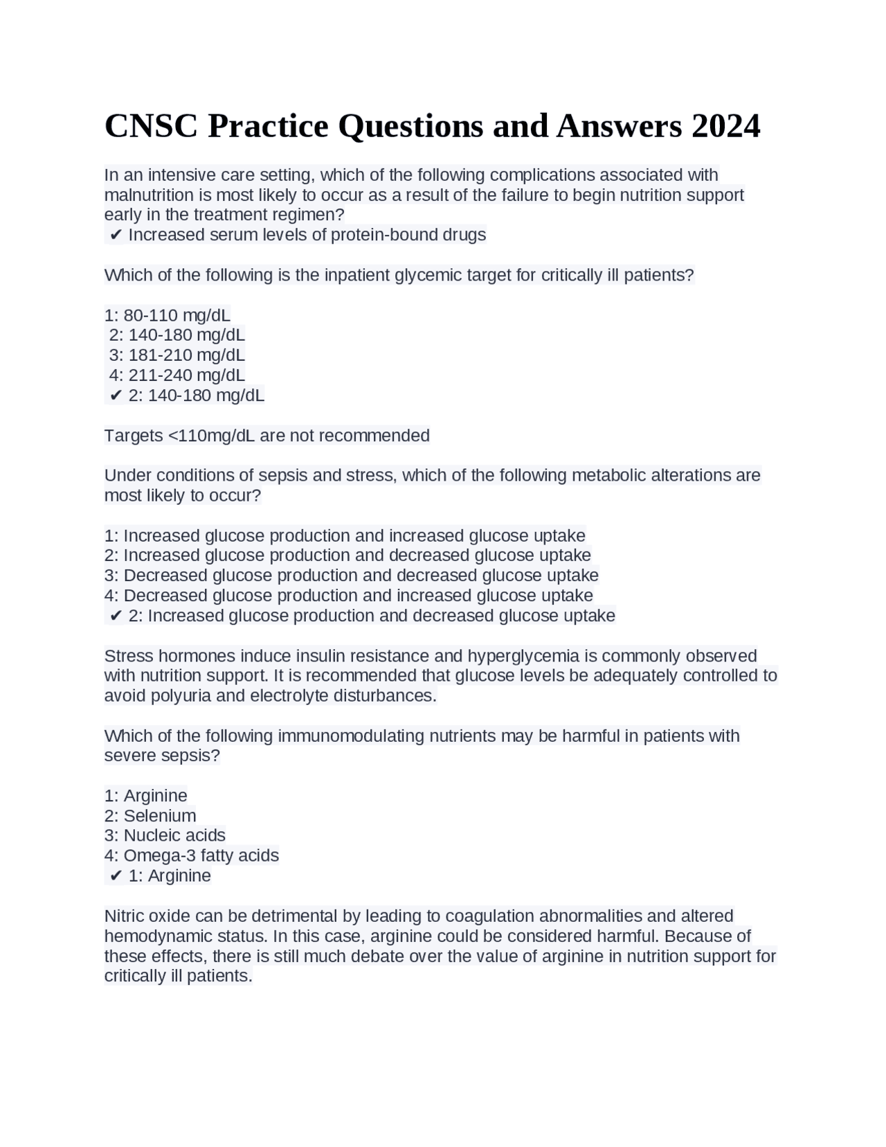 CNSC Practice Questions and Answers 2024 | Exams Nutrition | Docsity