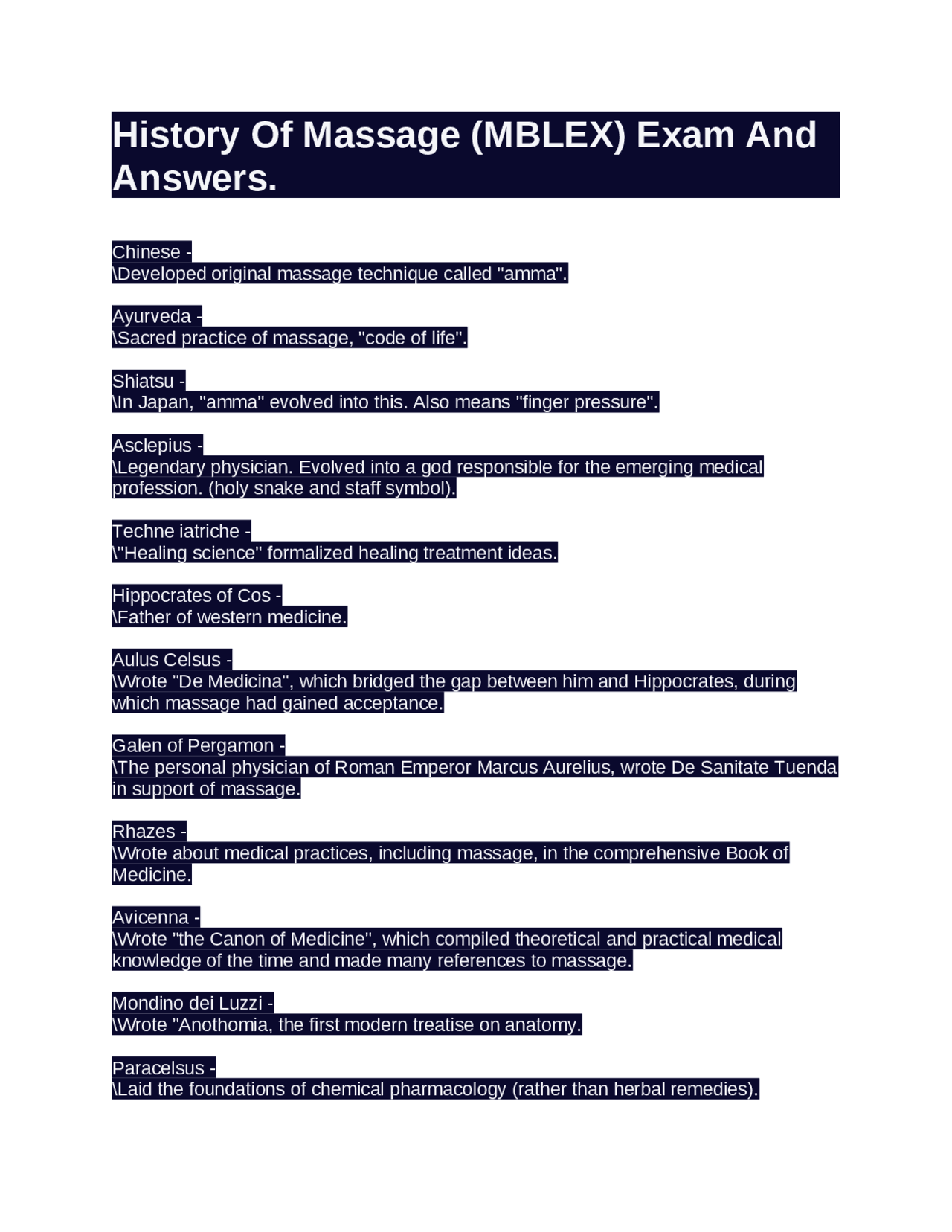 History Of Massage (MBLEX) Exam And Answers. | Exams Health sciences ...