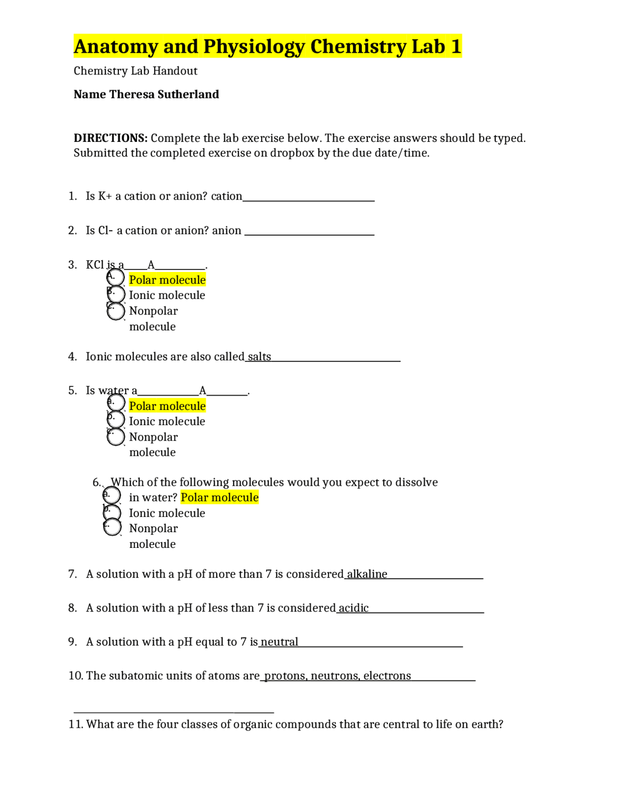 Anatomy and Physiology Chemistry Lab 1 (answered) Fall 2023/2024 with ...