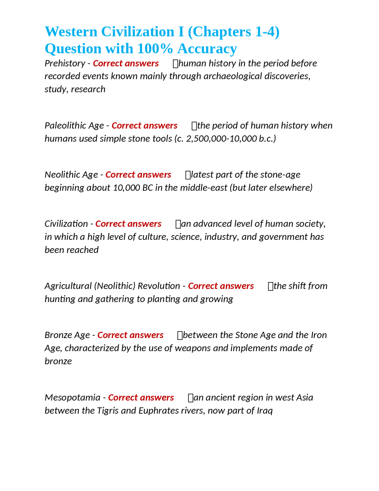 Western Civilization I (Chapters 1-4) Question with 100% Accuracy ...