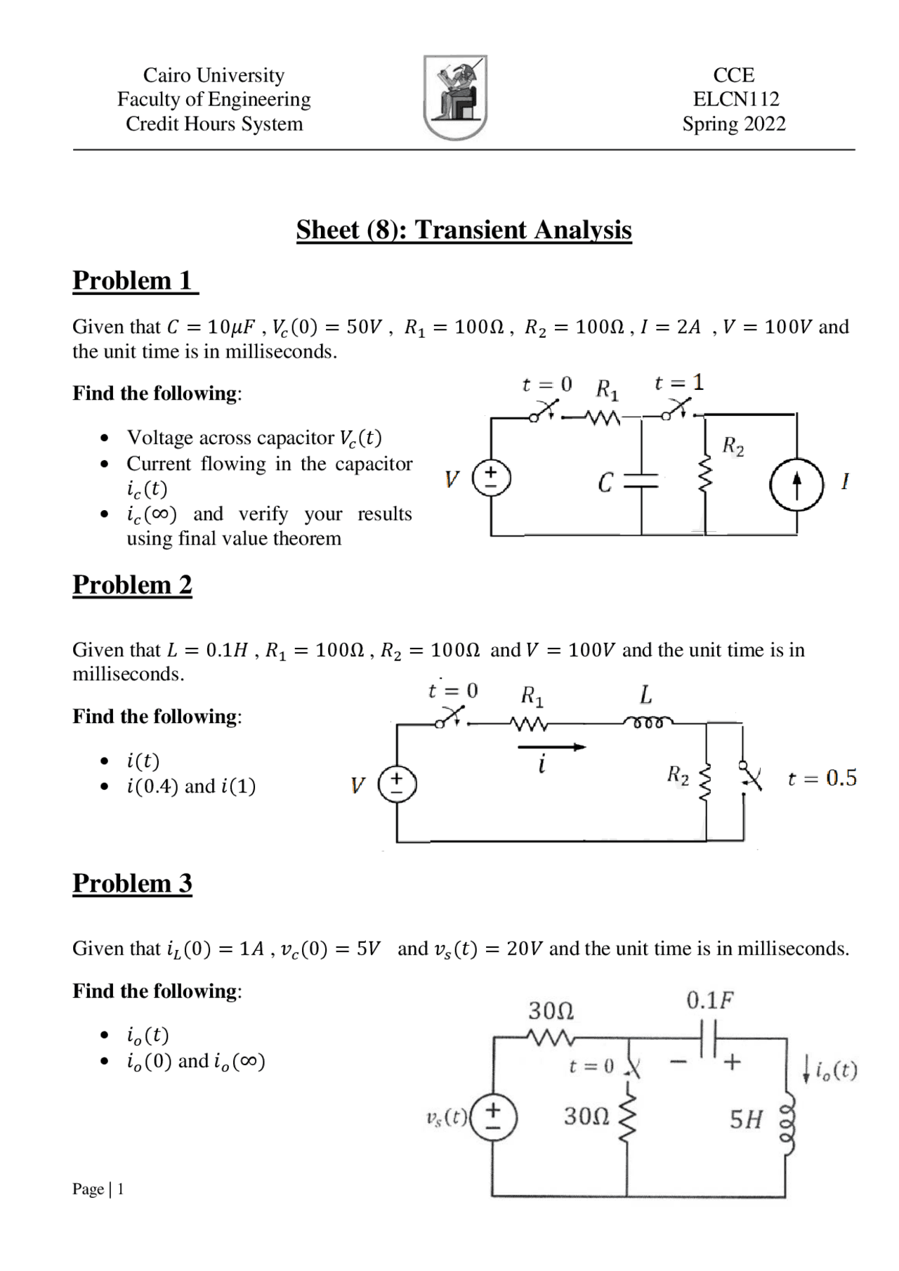 transient analysis excersices | Exercises Electronic Circuits Analysis | Docsity