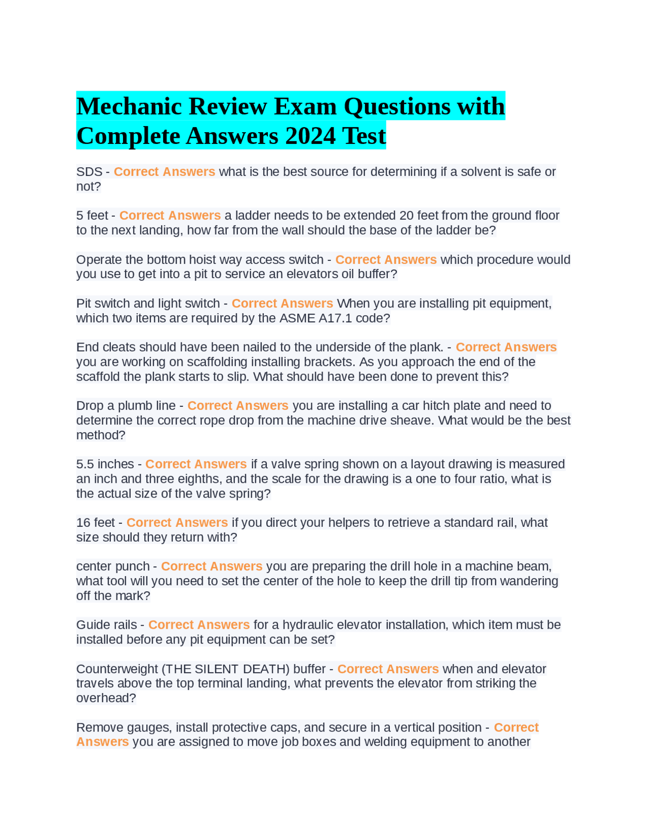 Mechanic Review Exam Questions with Complete Answers 2024 Test | Exams ...