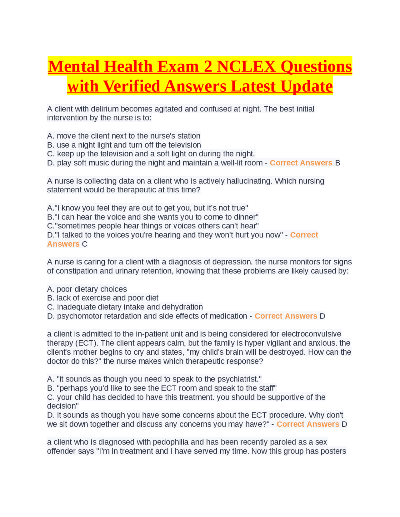 Mental Health Exam 2 NCLEX Questions with Verified Answers Latest ...