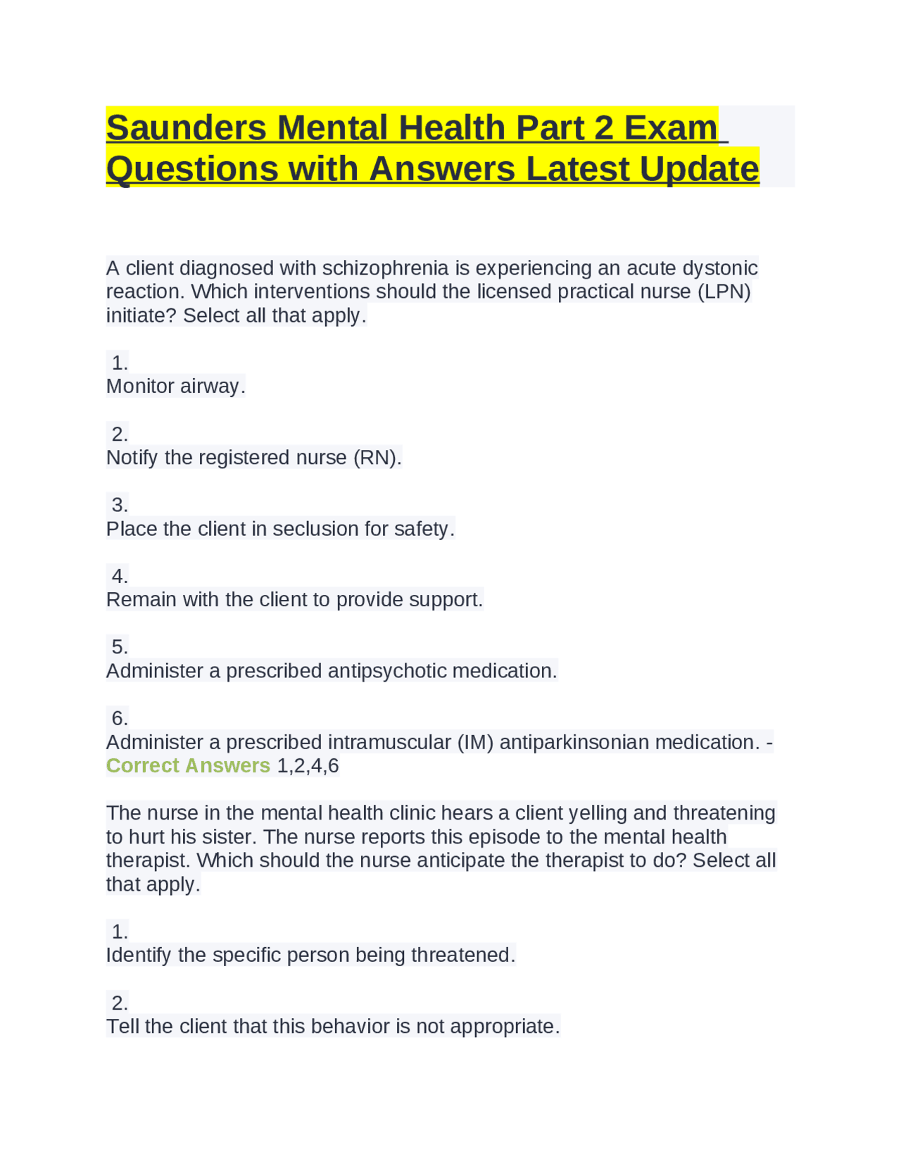 Saunders Mental Health Part 2 Exam Questions with Answers Latest Update ...