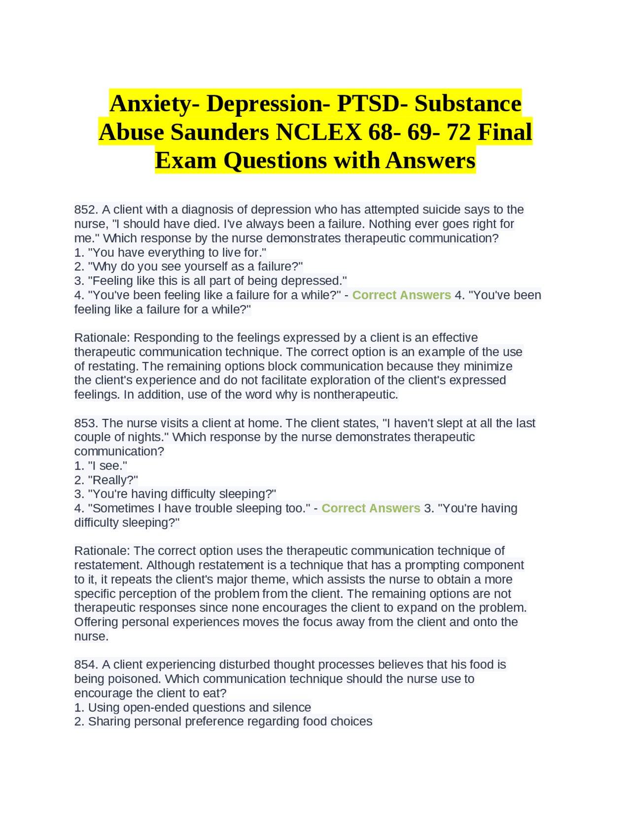 Anxiety- Depression- PTSD- Substance Abuse Saunders NCLEX 68- 69- 72 ...