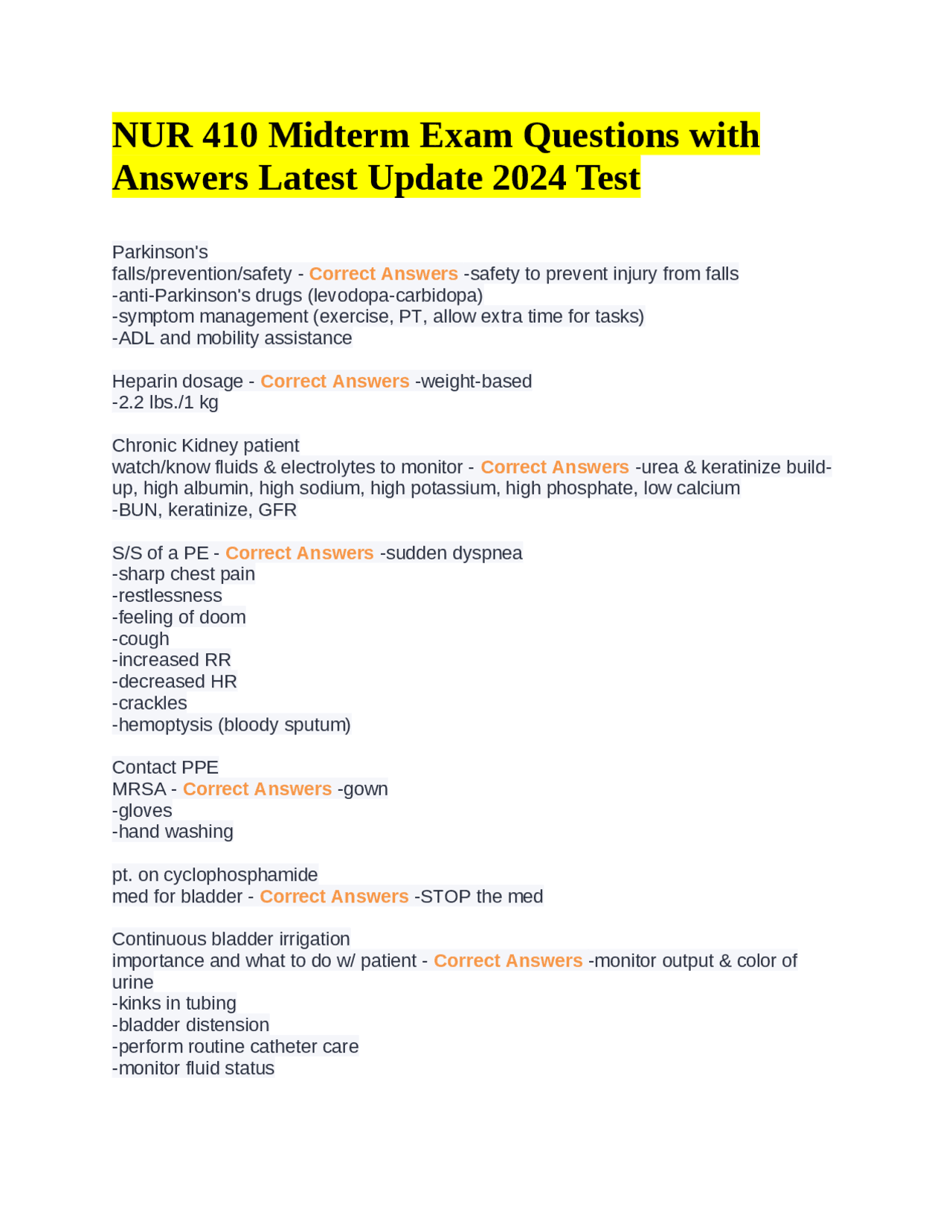Nur 410 Midterm Exam Questions With Answers Latest Update 2024 Test Exams Nursing Docsity 