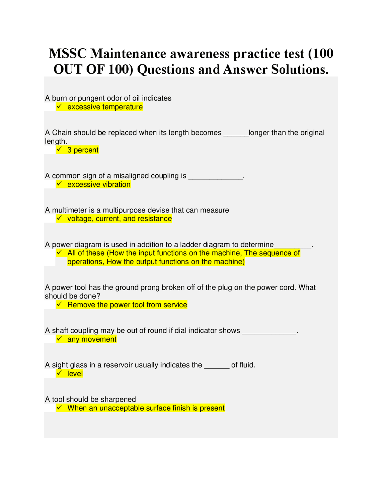 Maintenance Awareness Practice Test Solutions | Exams Computer Science ...
