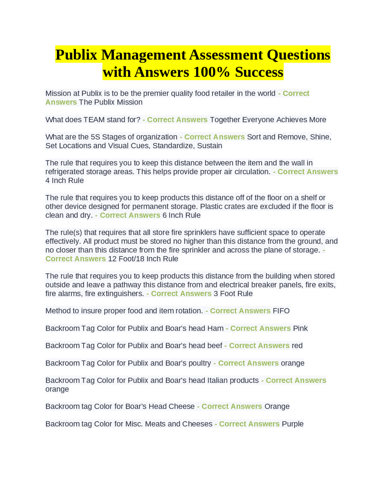 Publix Management Assessment Questions with Answers 100% Success ...