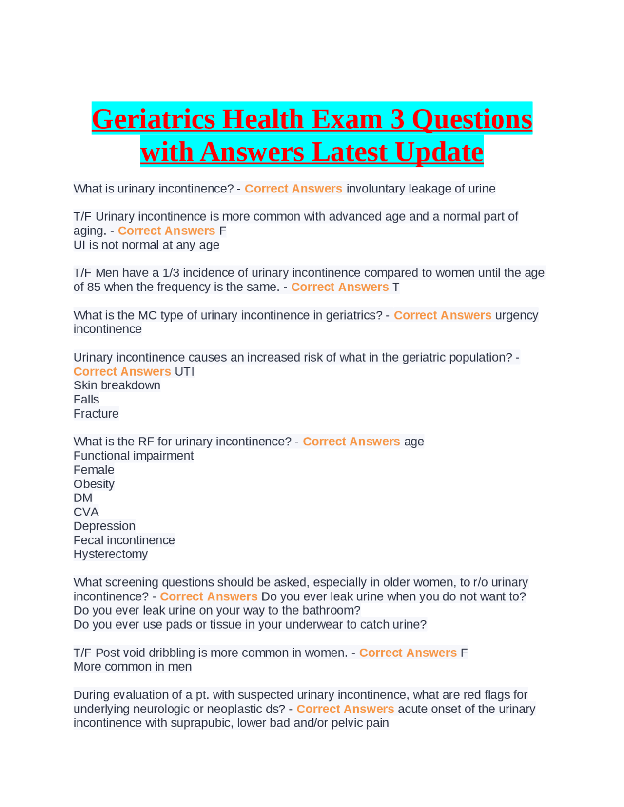 Geriatrics Health Exam 3 Questions with Answers Latest Update | Exams ...