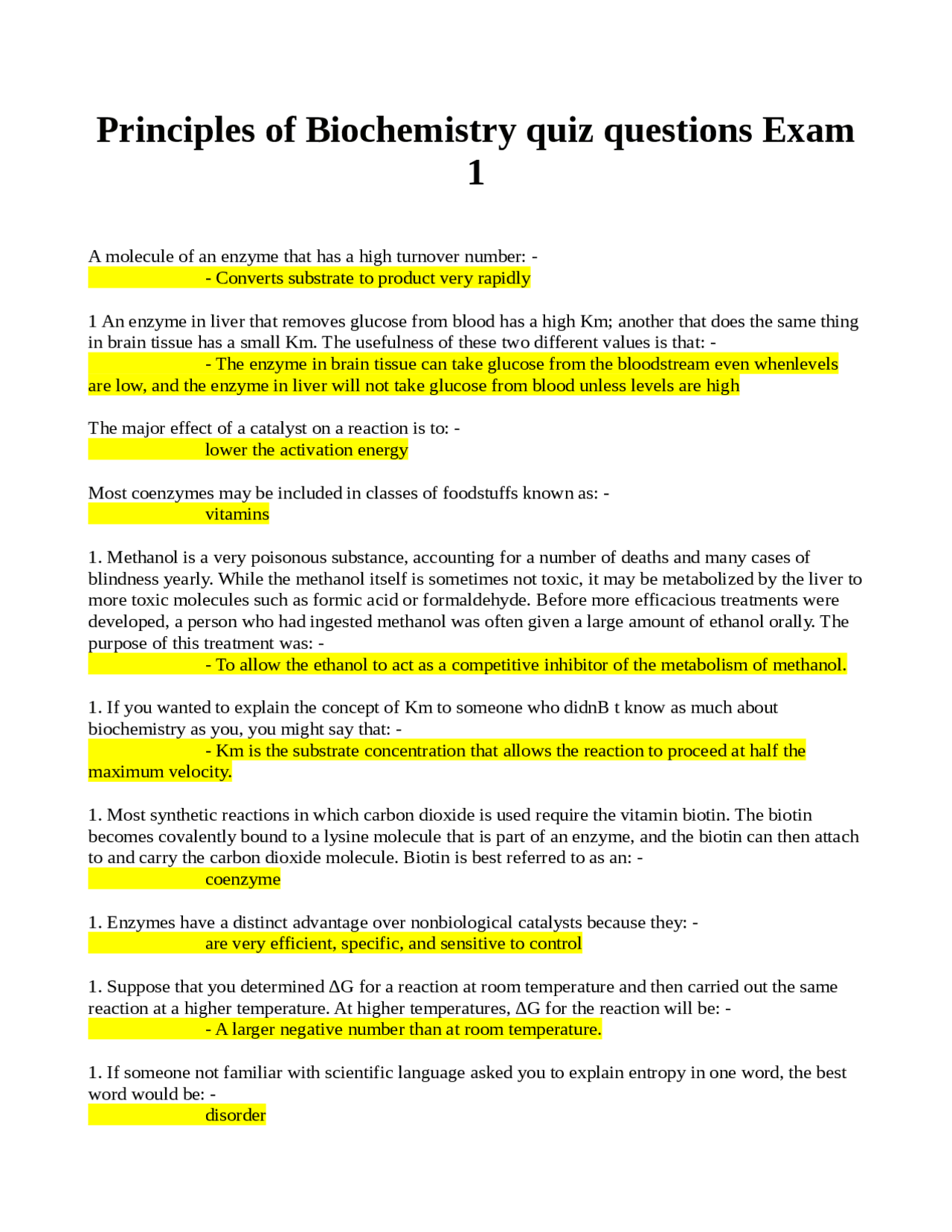 Principles of Biochemistry quiz questions Exam 1 | Exams Biochemistry ...