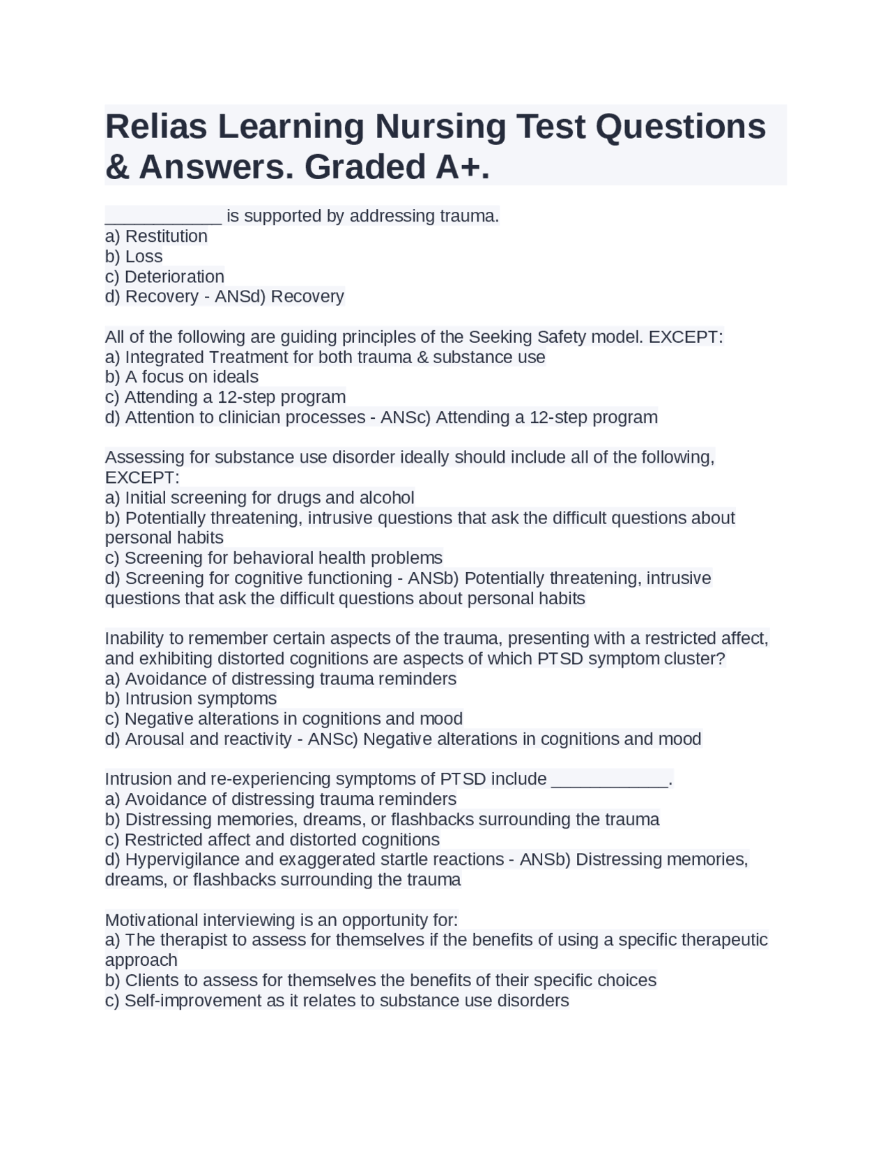 Relias Learning Nursing Test Questions & Answers. Graded A+. | Exams ...