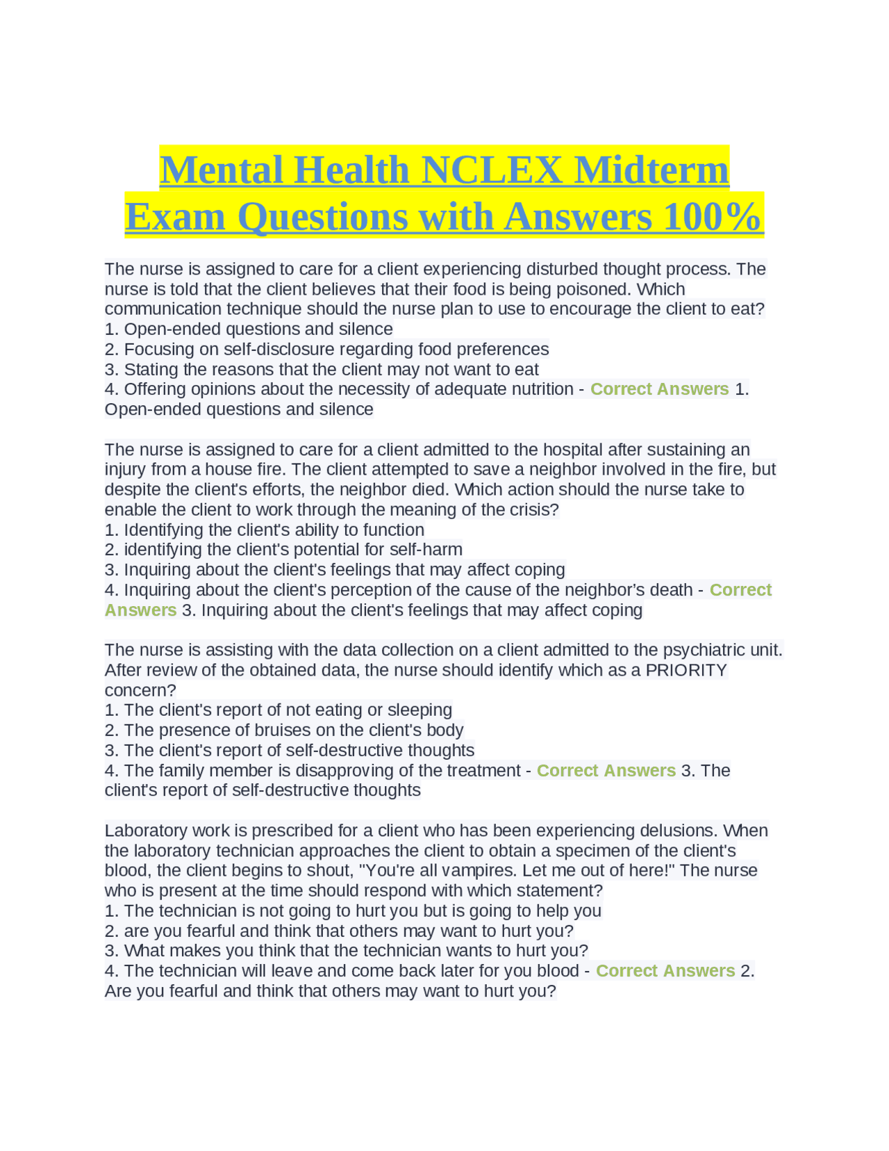 Mental Health NCLEX Midterm Exam Questions with Answers 100% | Exams Health sciences | Docsity