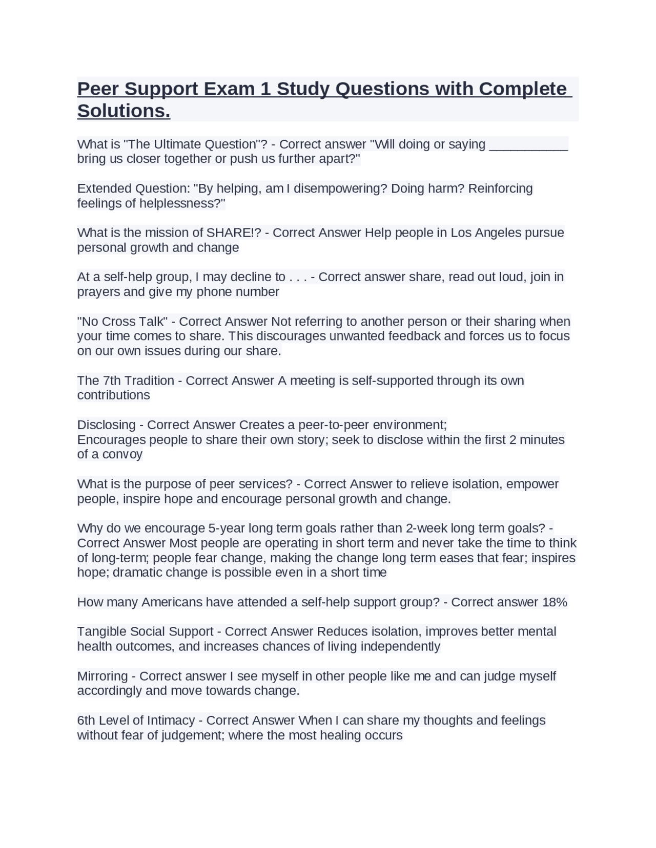 Peer Support Exam 1 Study Questions with Complete Solutions. | Exams ...