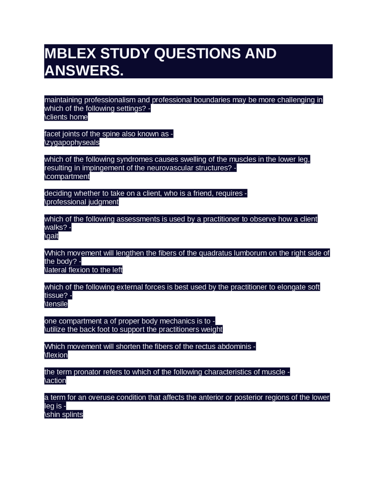 MBLEX STUDY QUESTIONS AND ANSWERS. | Exams Health sciences | Docsity