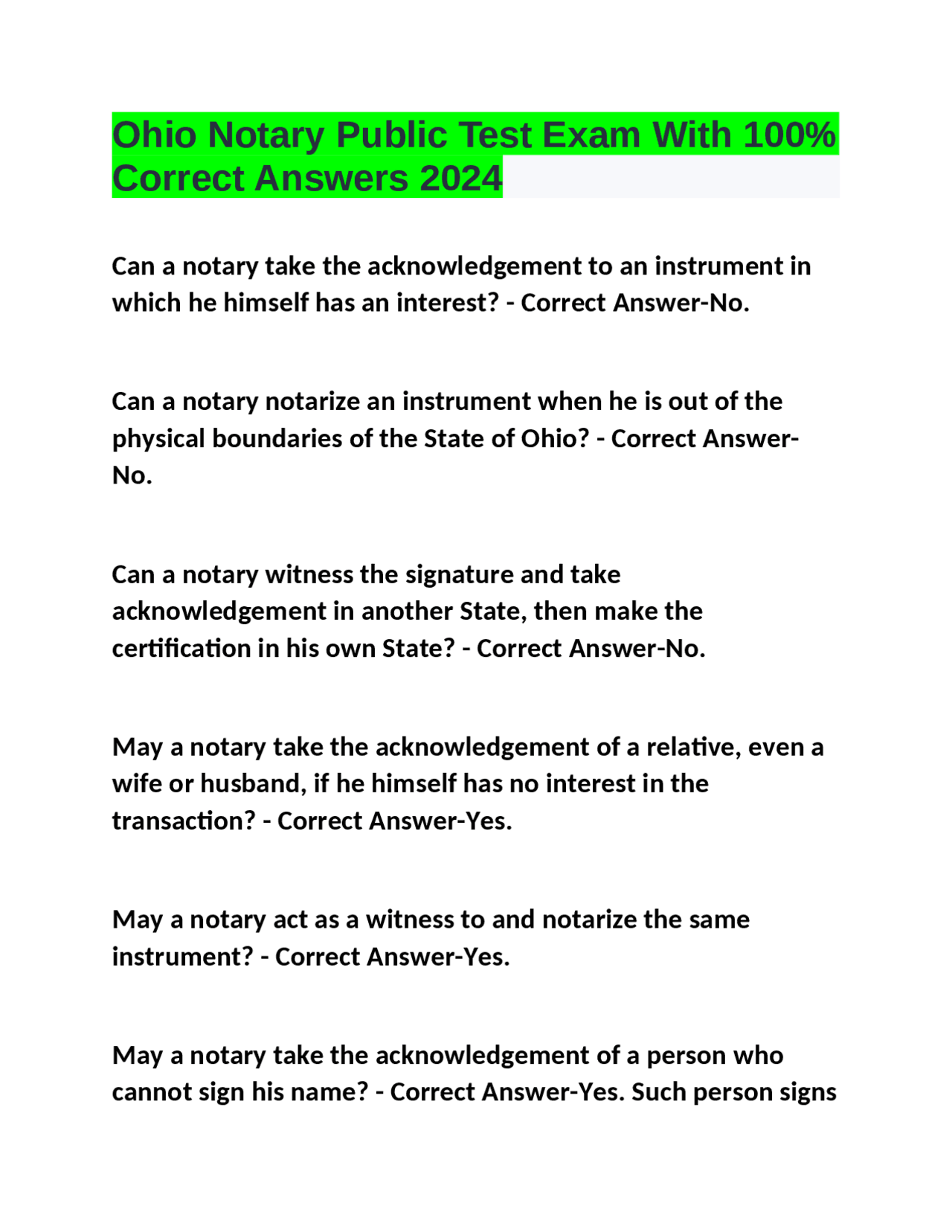 Ohio Notary Public Test Exam Answers | Exams Advanced Education | Docsity