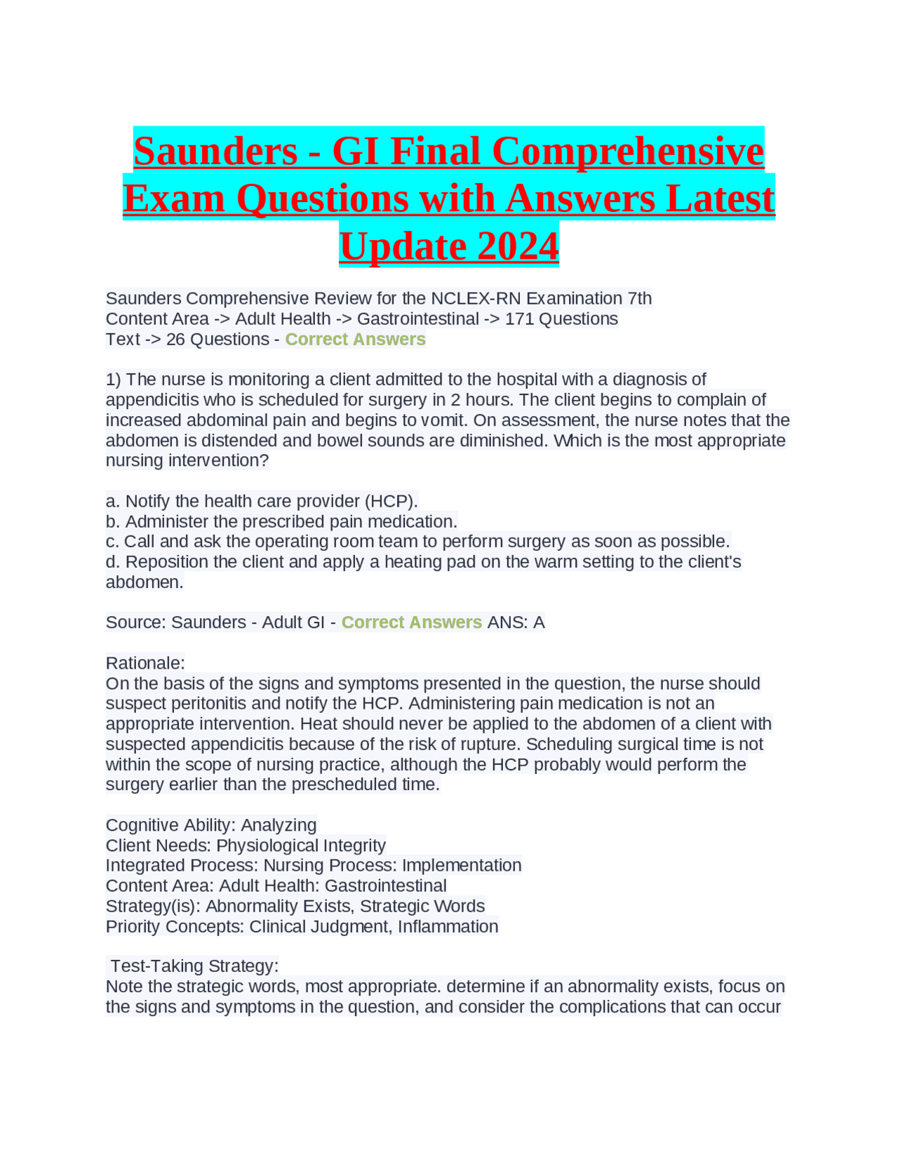 Saunders - GI Final Comprehensive Exam Questions with Answers Latest ...