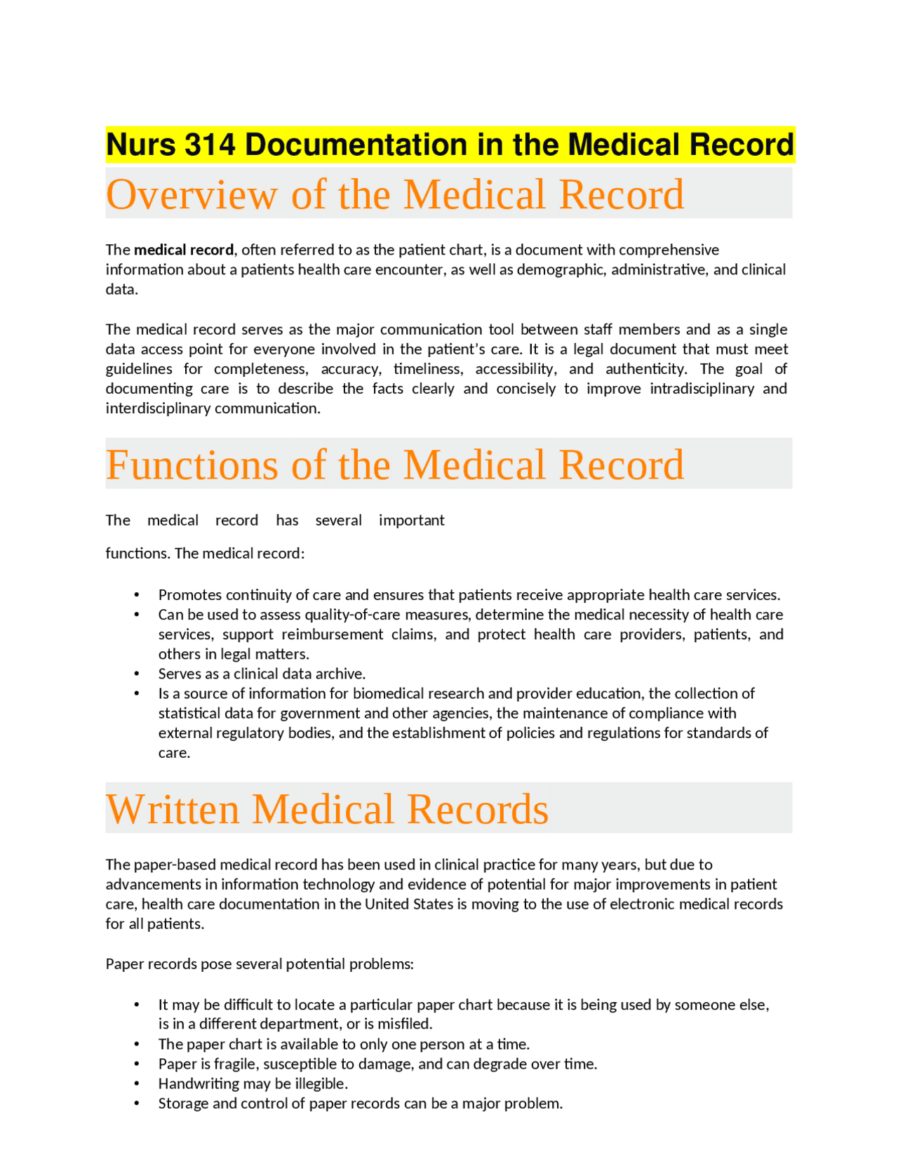 Medical Record Documentation and Nursing Care | Exams Nursing | Docsity