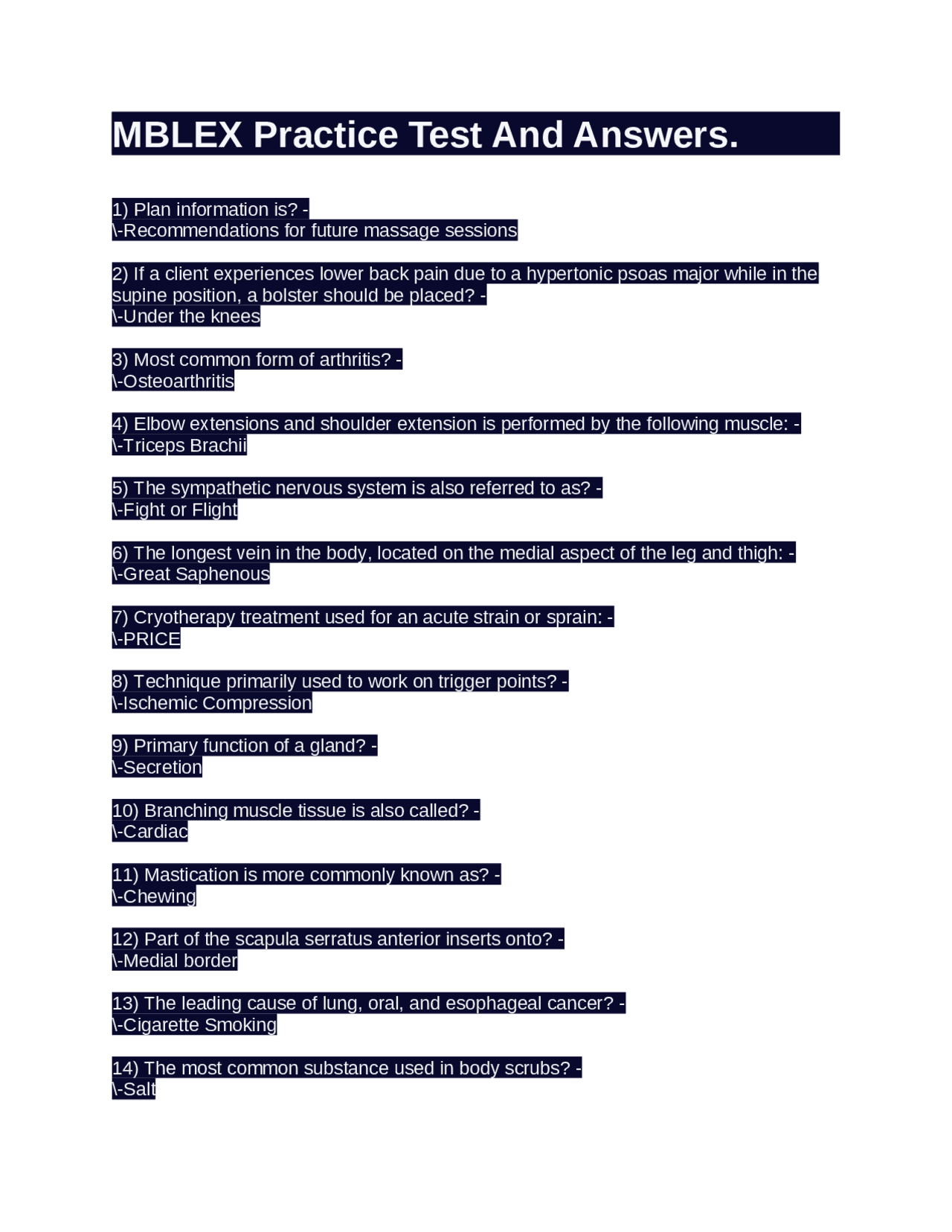 MBLEX Practice Test And Answers. | Exams Health sciences | Docsity