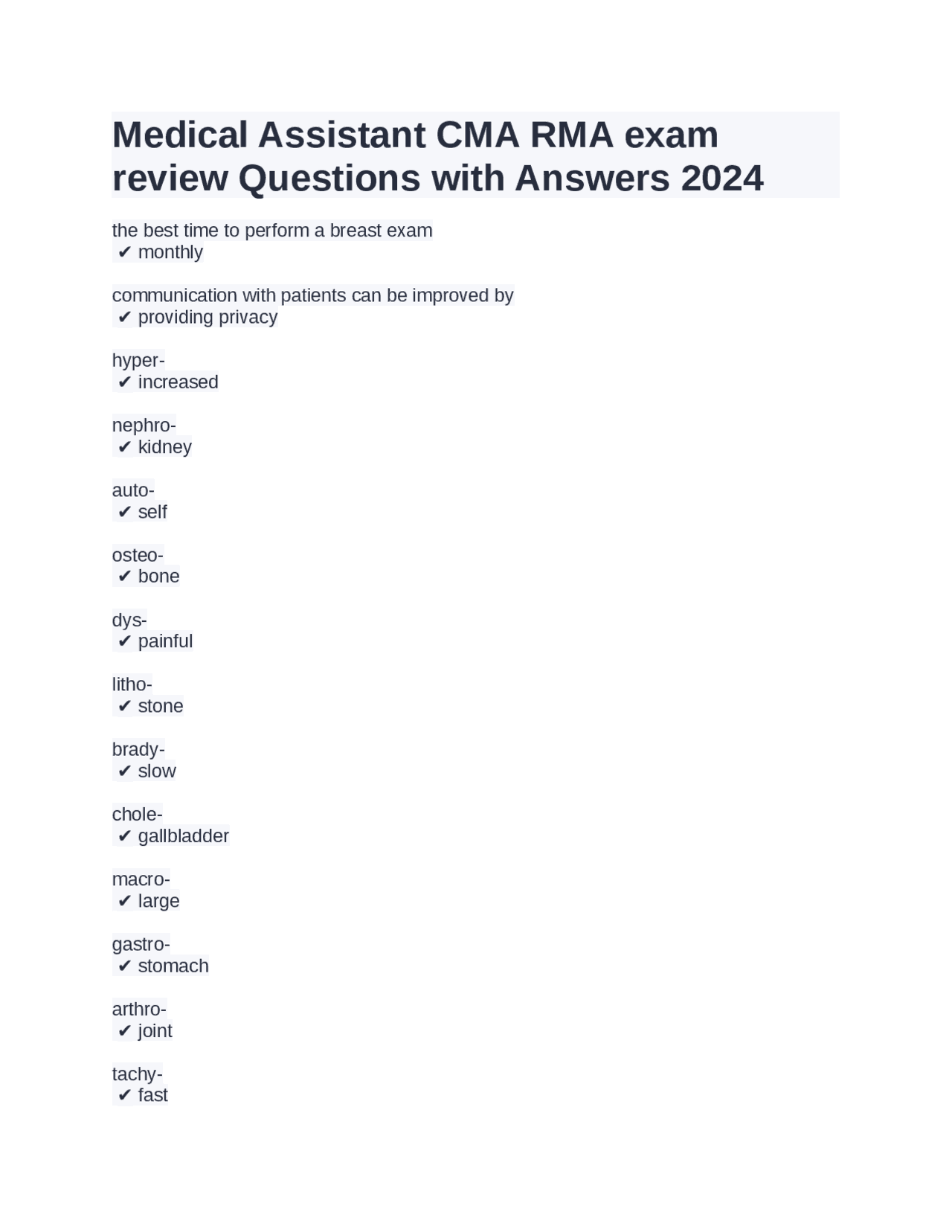 Medical Assistant CMA RMA exam review Questions with Answers 2024 ...