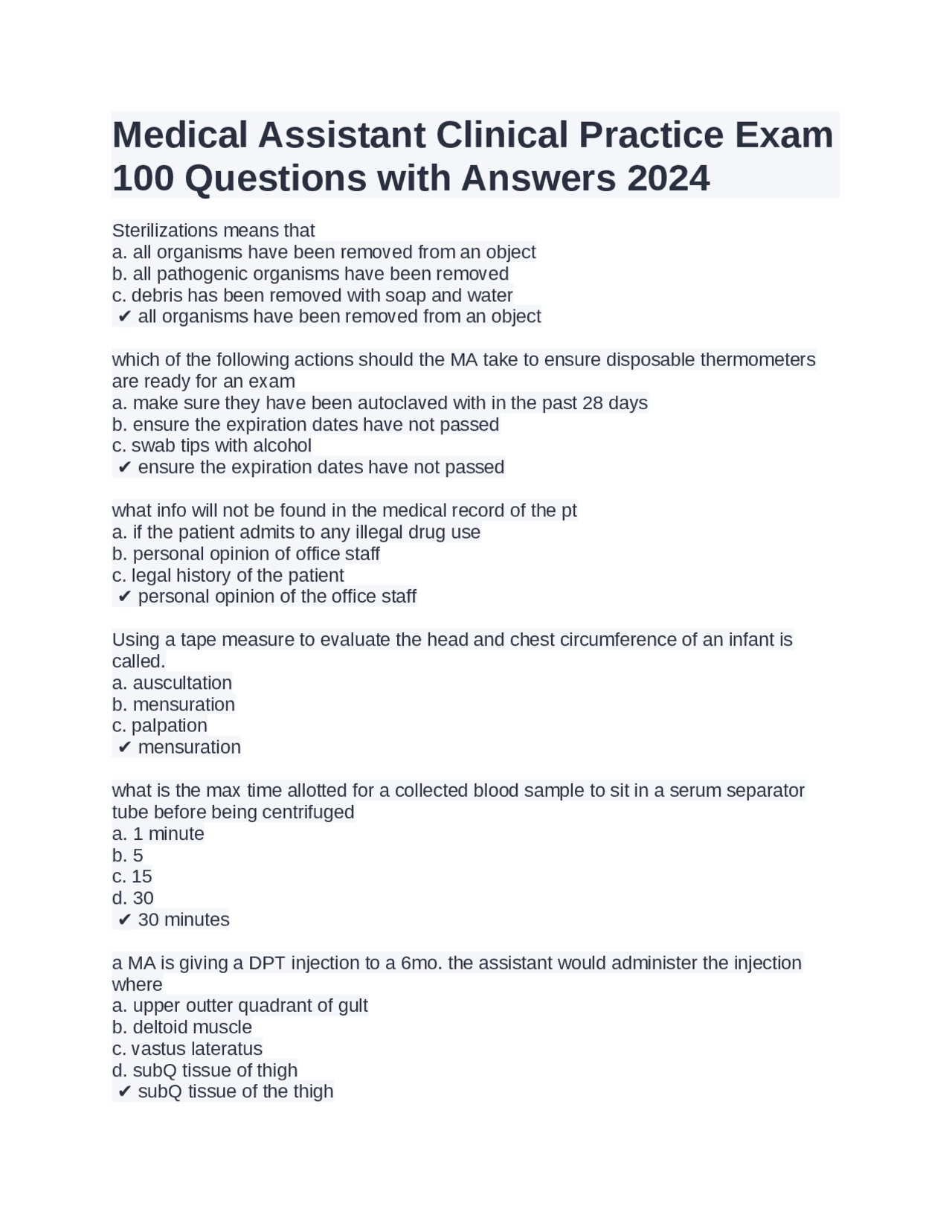 Medical Assistant Clinical Practice Exam 100 Questions with Answers ...