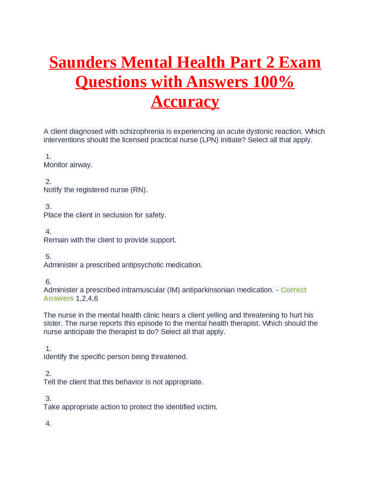 Saunders Mental Health Part 2 Exam Questions with Answers 100% Accuracy ...