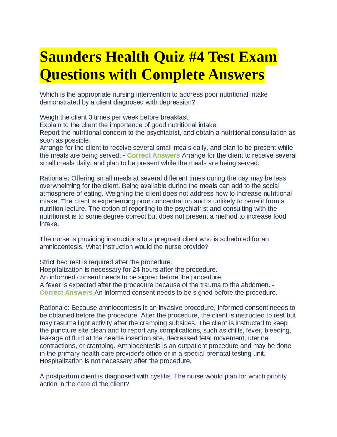 Saunders Health Quiz #4 Test Exam Questions with Complete Answers ...