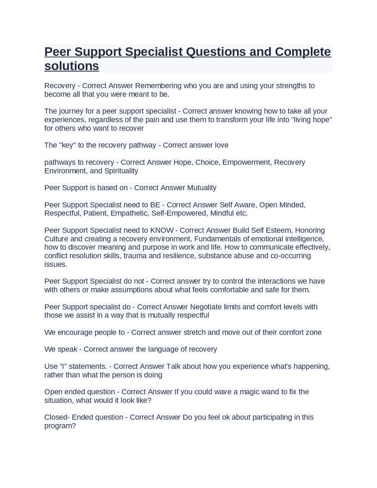 Peer Support Specialist Questions and Complete solutions | Exams ...