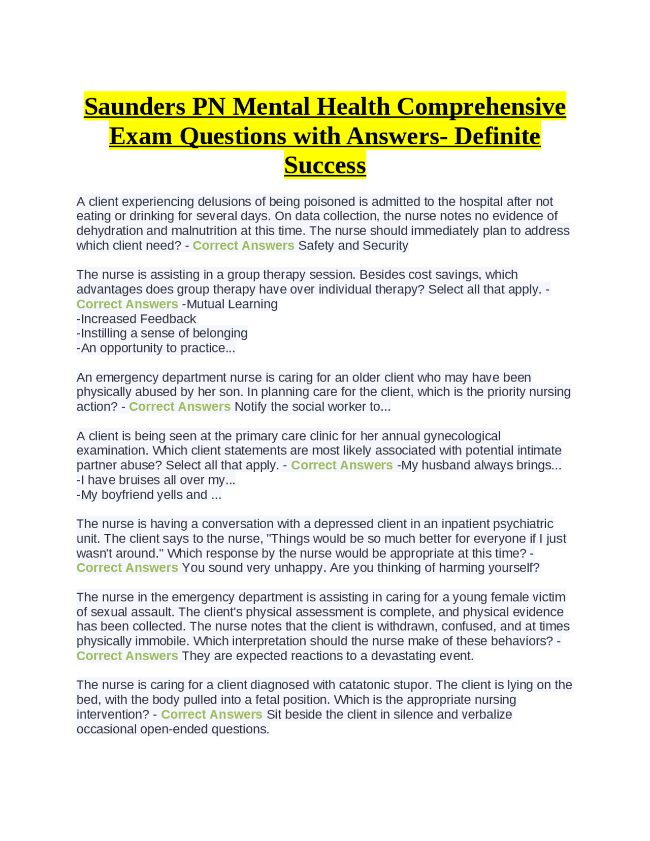 Nursing Interventions for Mental Health Clients | Exams Health sciences ...