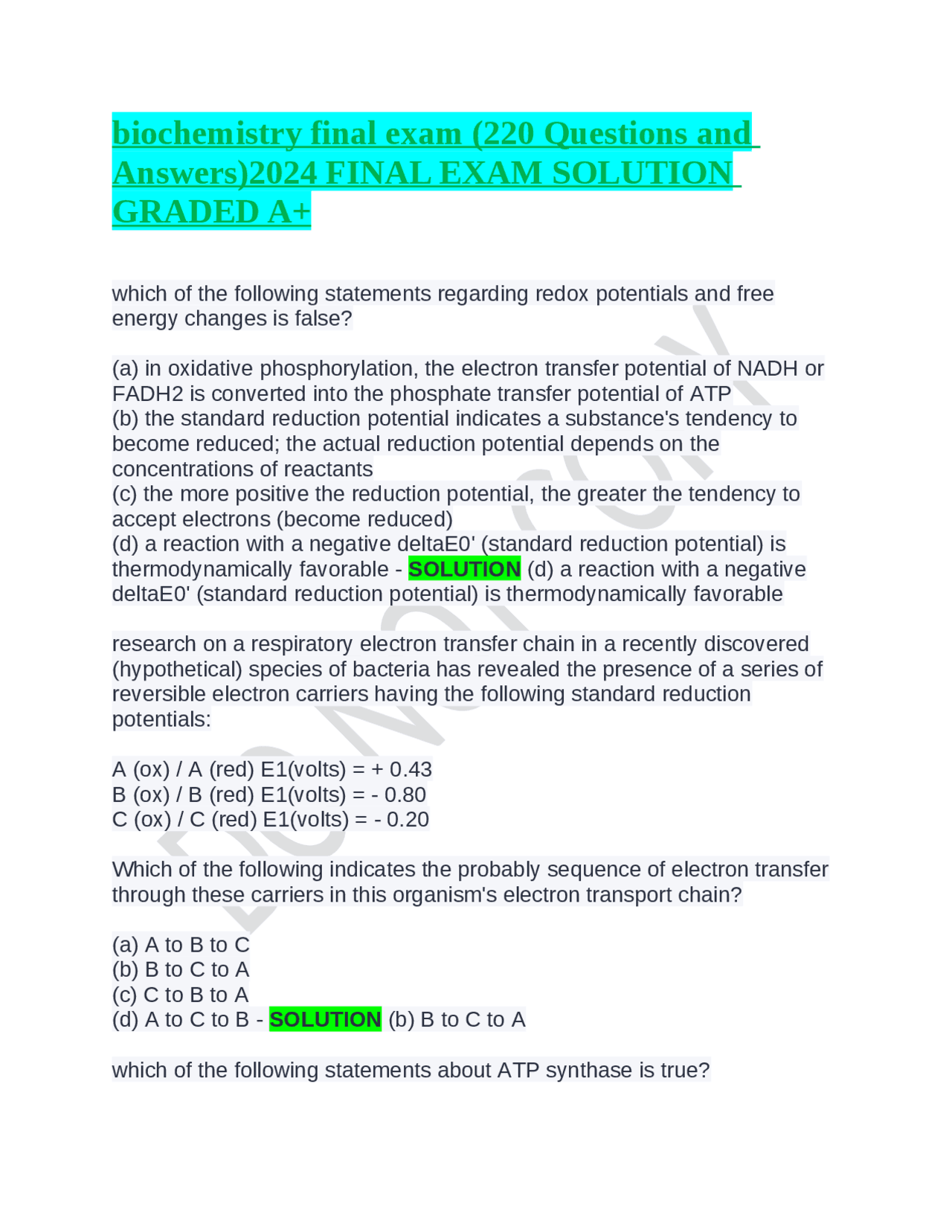 biochemistry final exam (220 Questions and Answers)2024 FINAL EXAM ...