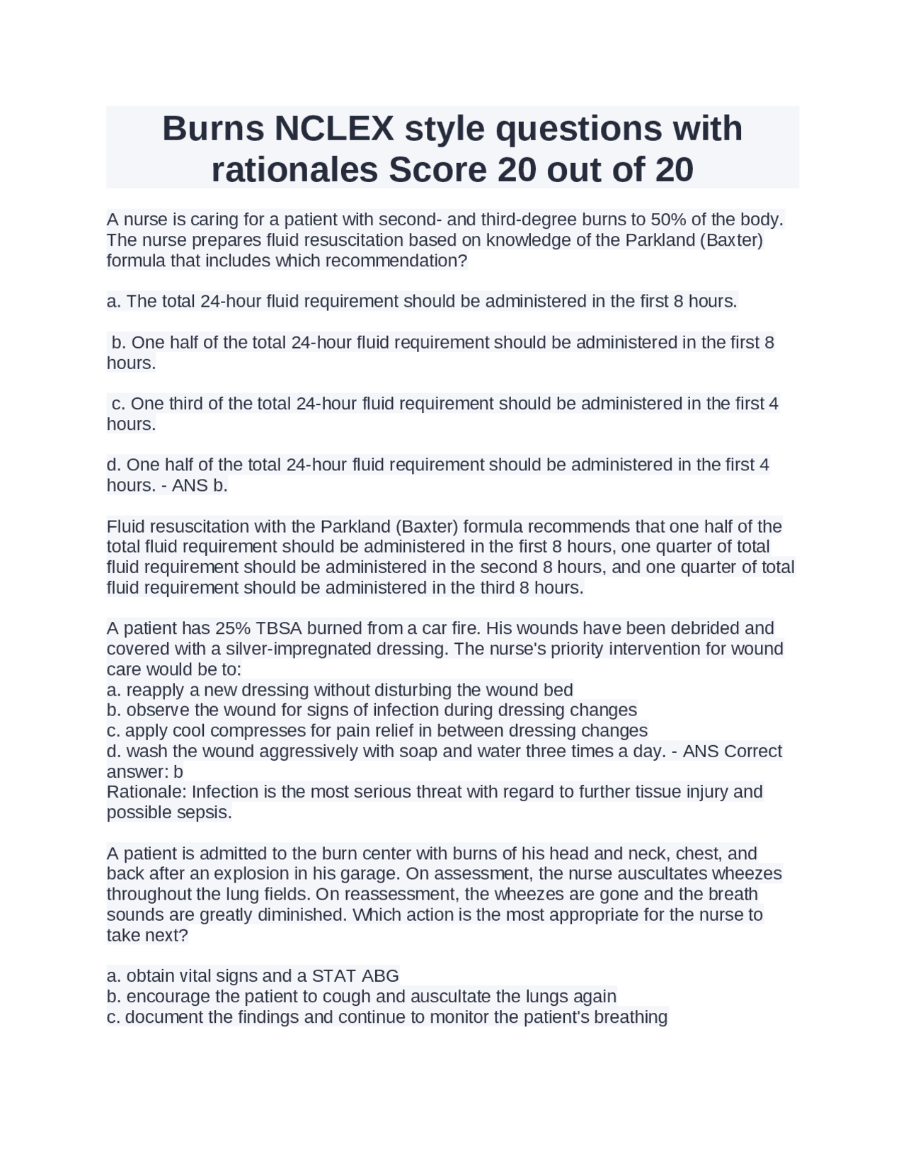 Burns NCLEX style questions with rationales Score 20 out of 20 | Exams ...