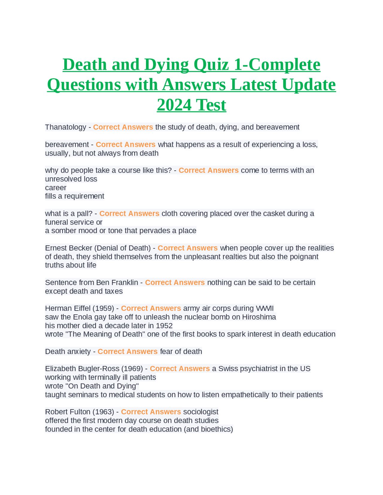 Death and Dying Quiz 1-Complete Questions with Answers Latest Update ...