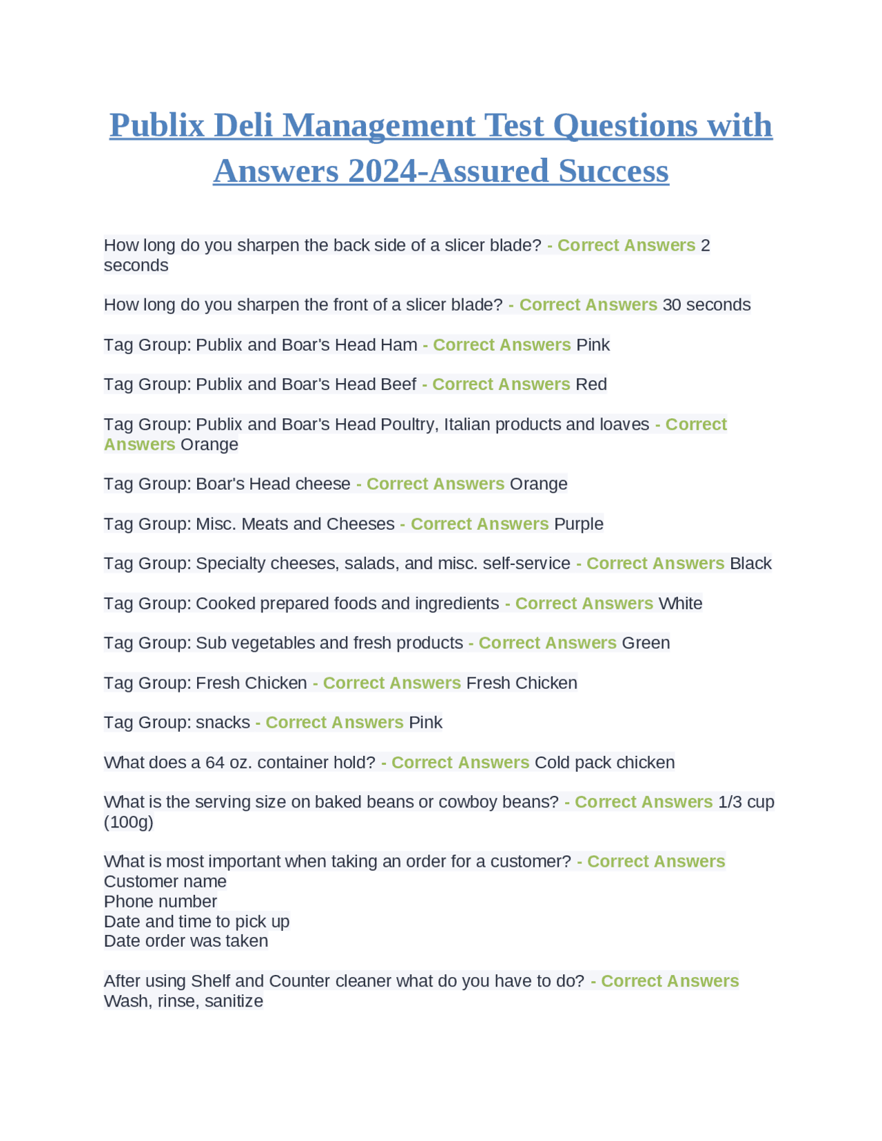 Publix Deli Management Test Questions with Answers 2024-Assured Success ...