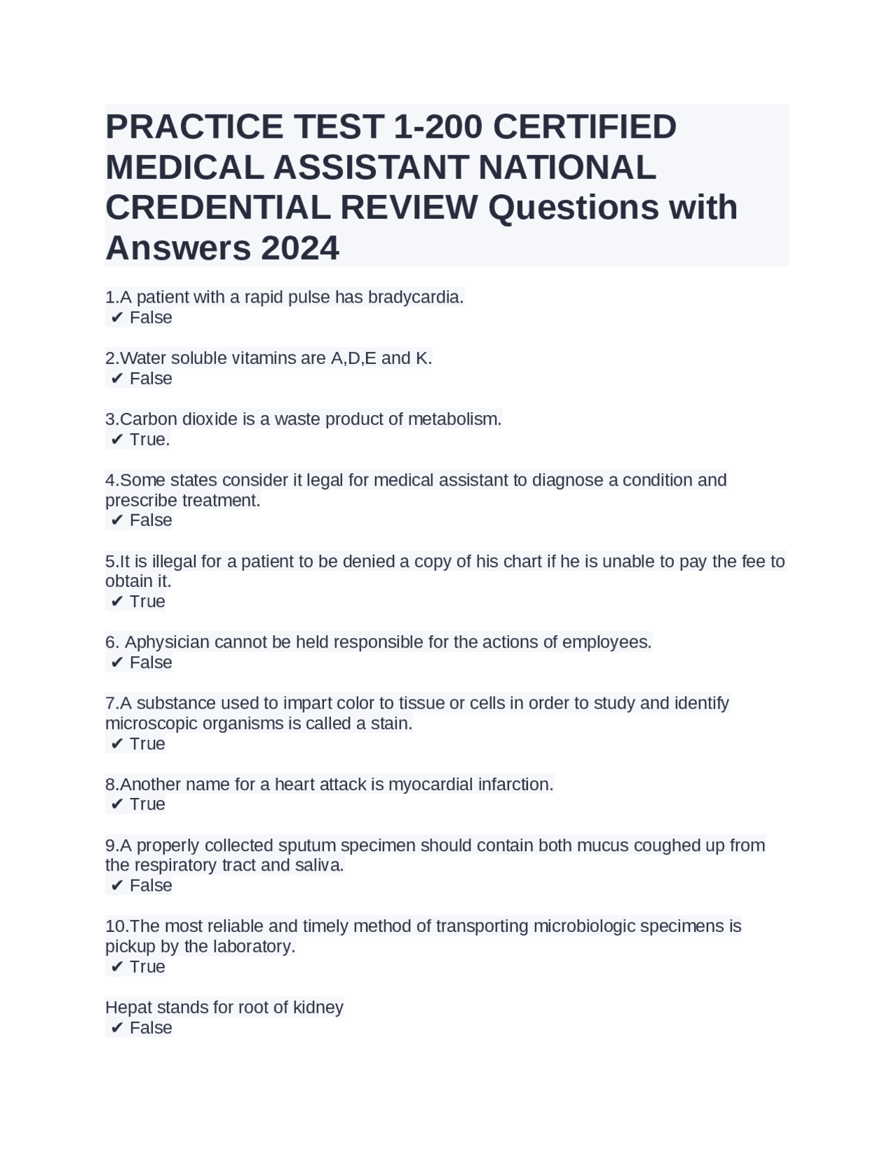 PRACTICE TEST 1-200 CERTIFIED MEDICAL ASSISTANT NATIONAL CREDENTIAL ...