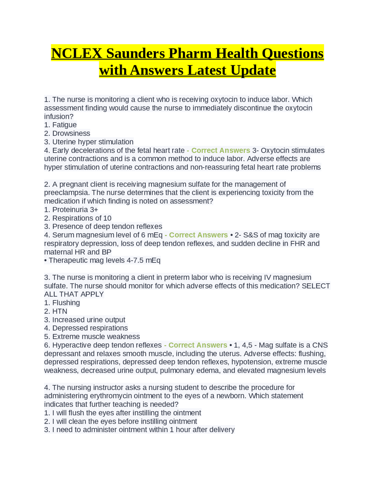 NCLEX Saunders Pharm Health Questions with Answers Latest Update ...