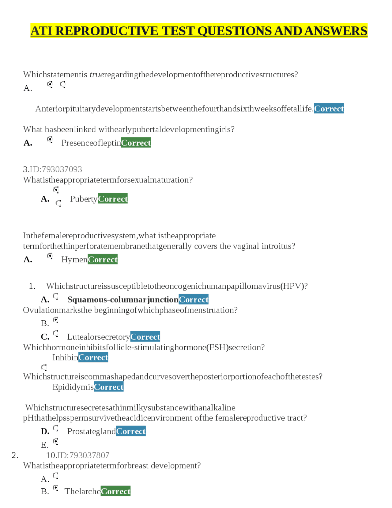 ATI REPRODUCTIVE TEST QUESTIONS AND ANSWERS | Exams Nursing | Docsity