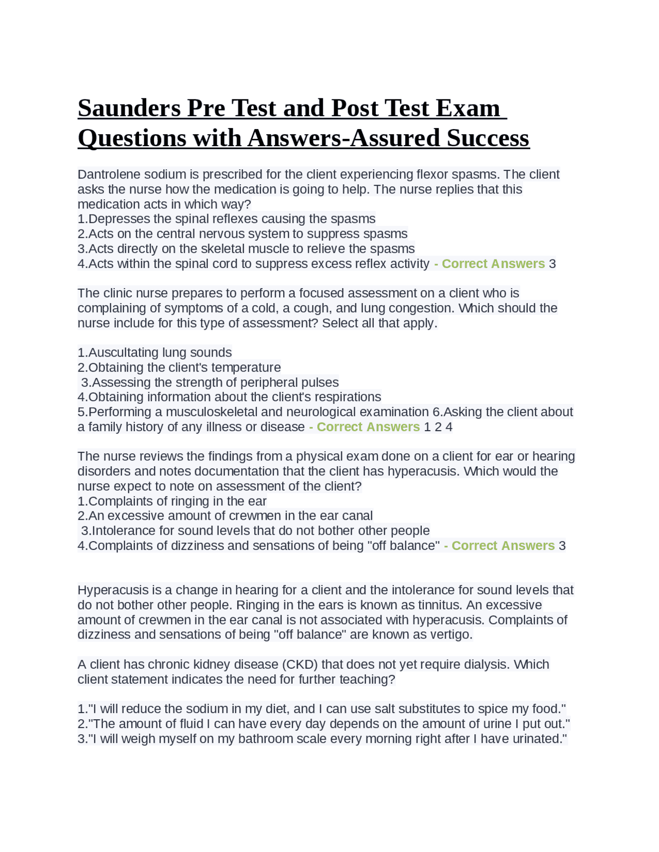 Saunders Pre Test and Post Test Exam Questions with Answers-Assured ...