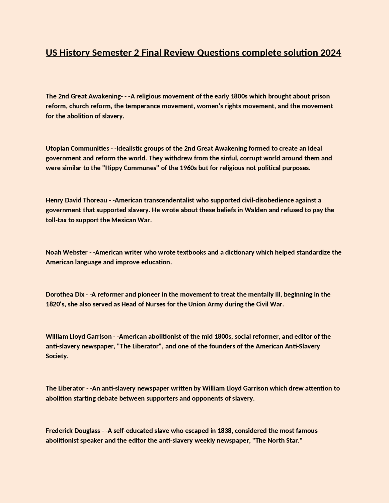 US History Semester 2 Review Questions Solutions | Exams History | Docsity