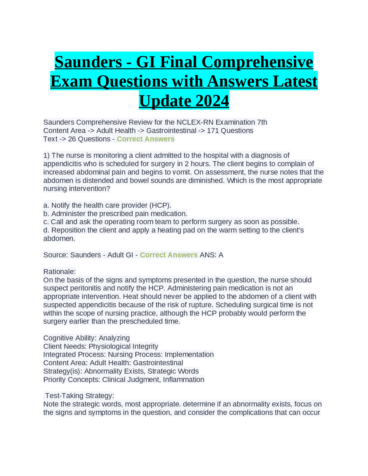 Saunders - GI Final Comprehensive Exam Questions with Answers Latest ...