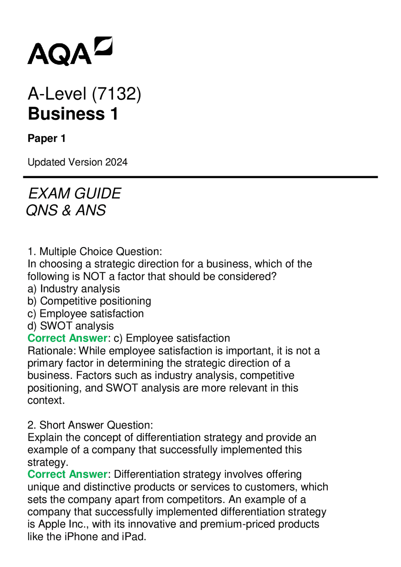 (7132) AQA A-Level Business 1 Paper 1 Exam Guide Qns & Ans Updated ...
