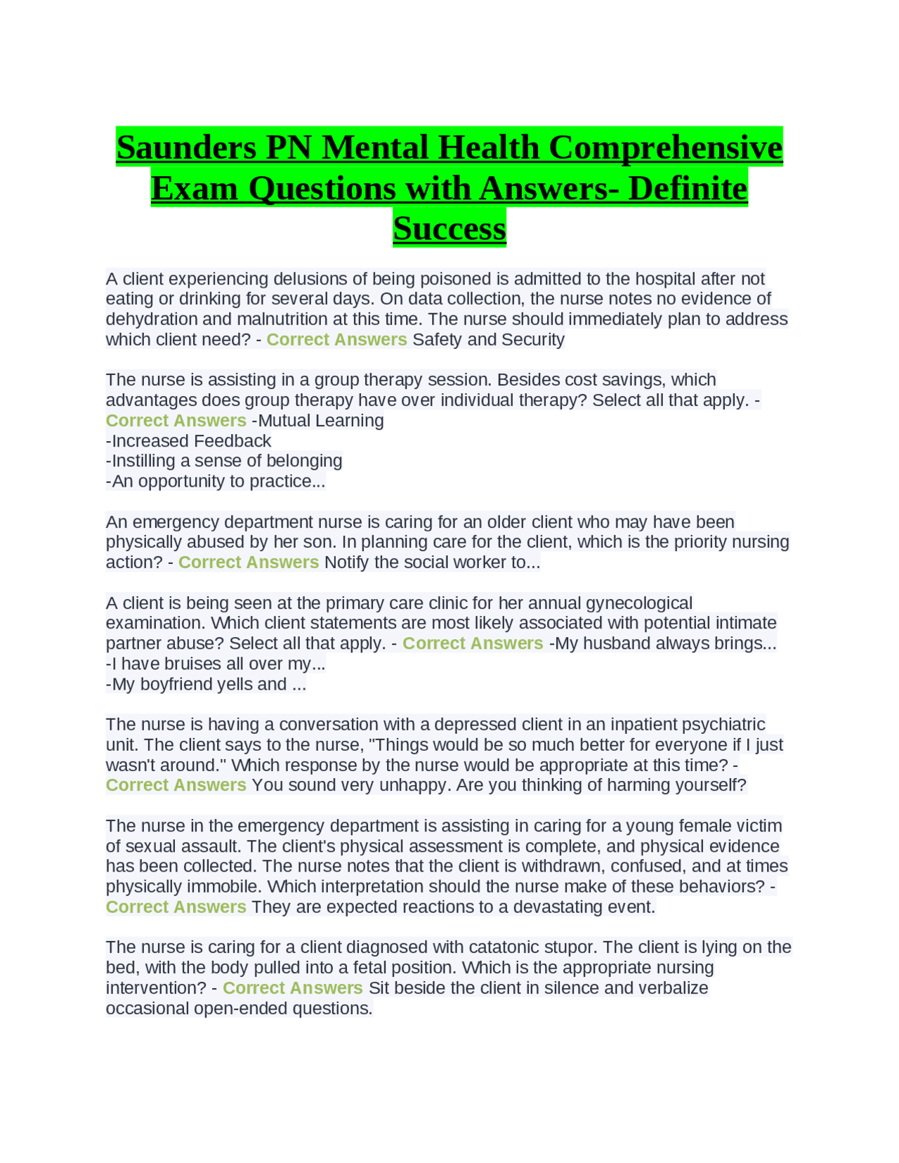Saunders PN Mental Health Comprehensive Exam Questions with Answers ...
