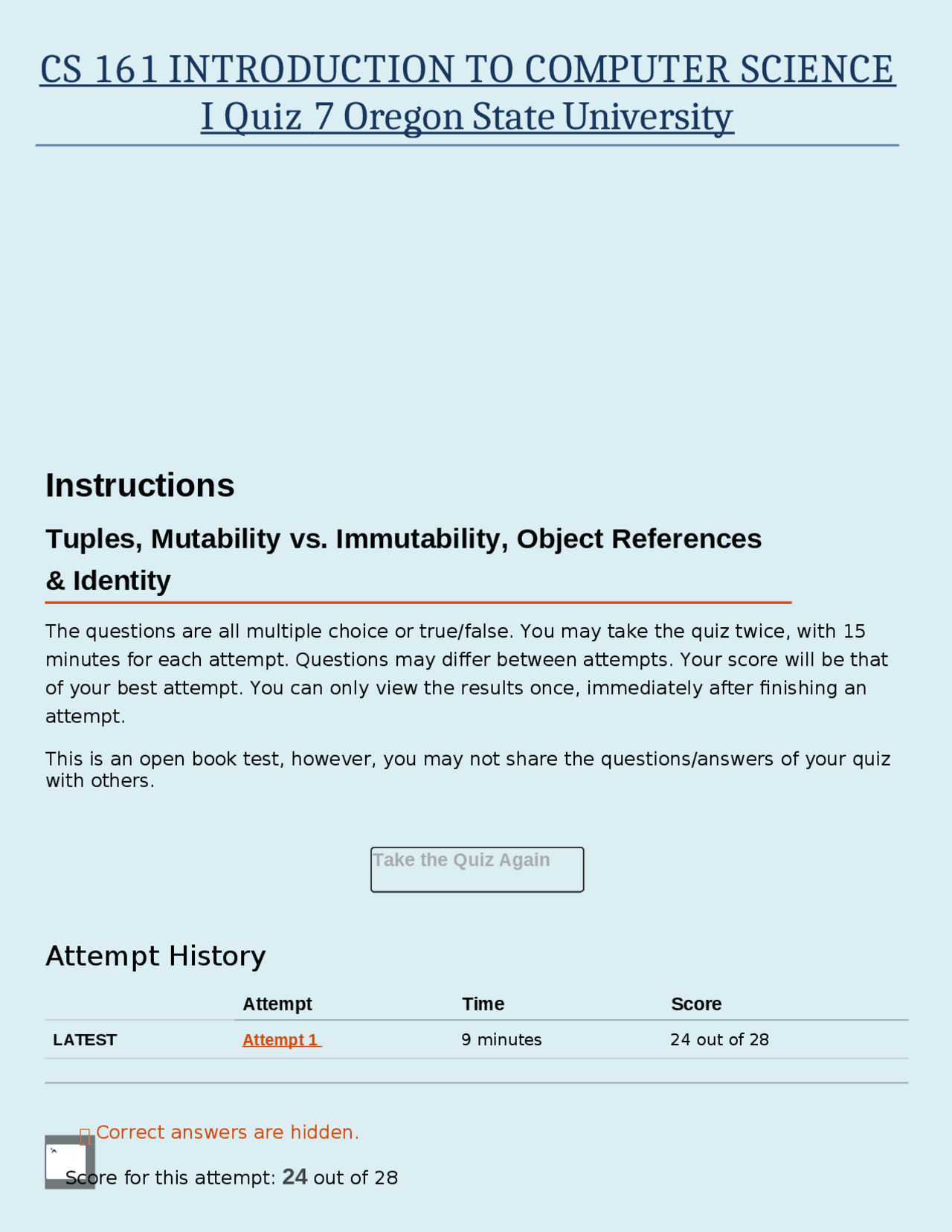 Cs 161 Introduction To Computer Science I Quiz 7 Oregon State University Exams Computer 2150