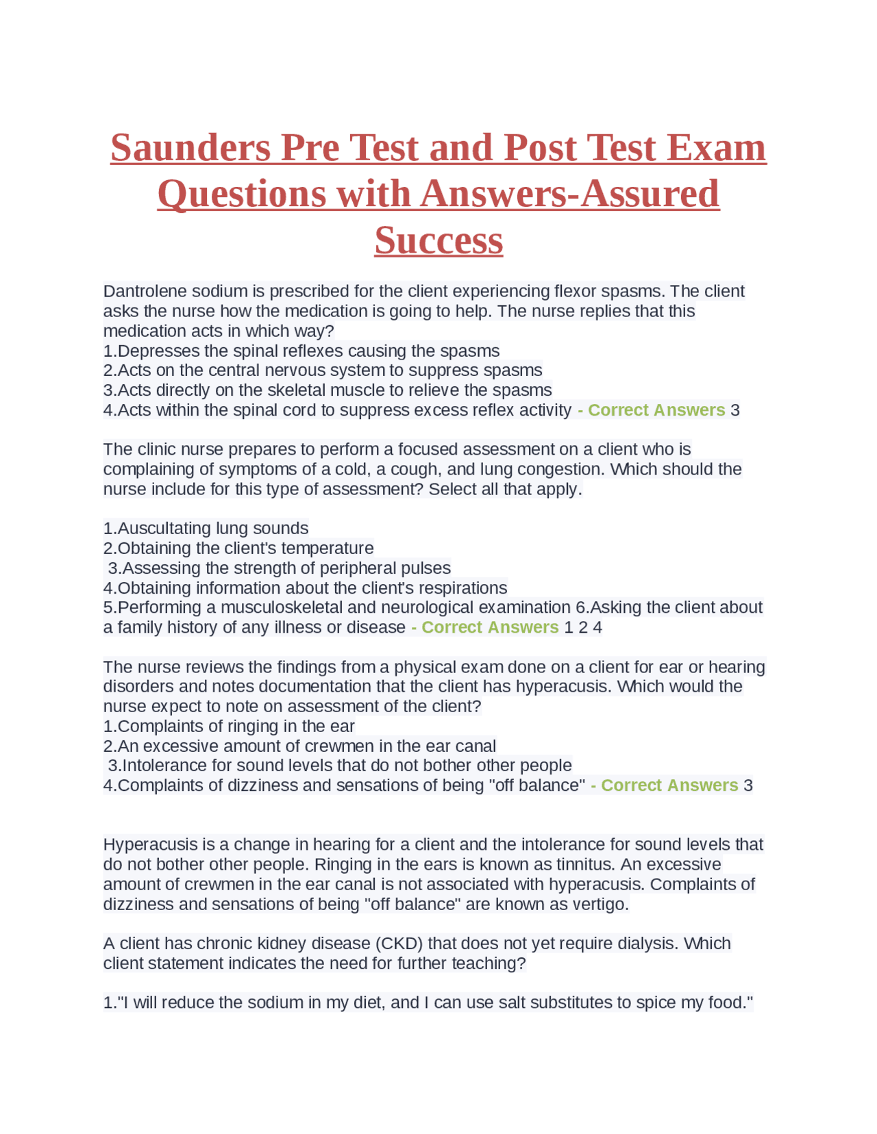 Saunders Pre Test and Post Test Exam Questions with Answers-Assured ...