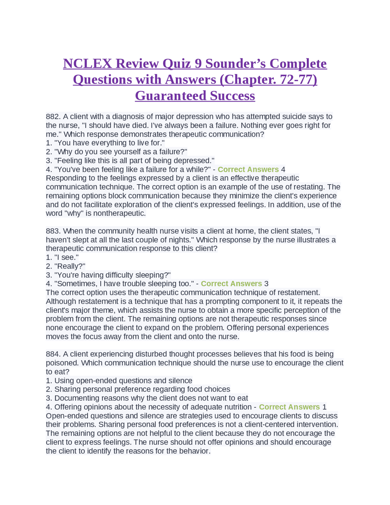 NCLEX Review Quiz 9 Sounder’s Complete Questions with Answers (Chapter ...