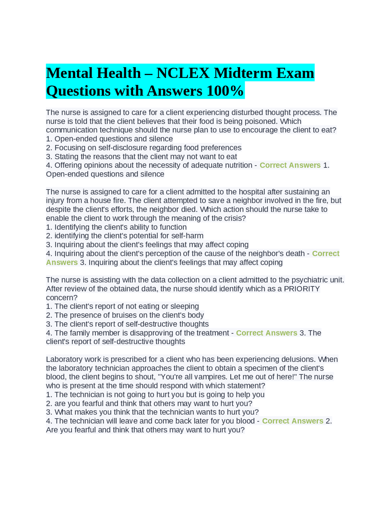 Mental Health Nursing Exam Questions and Answers | Exams Health ...