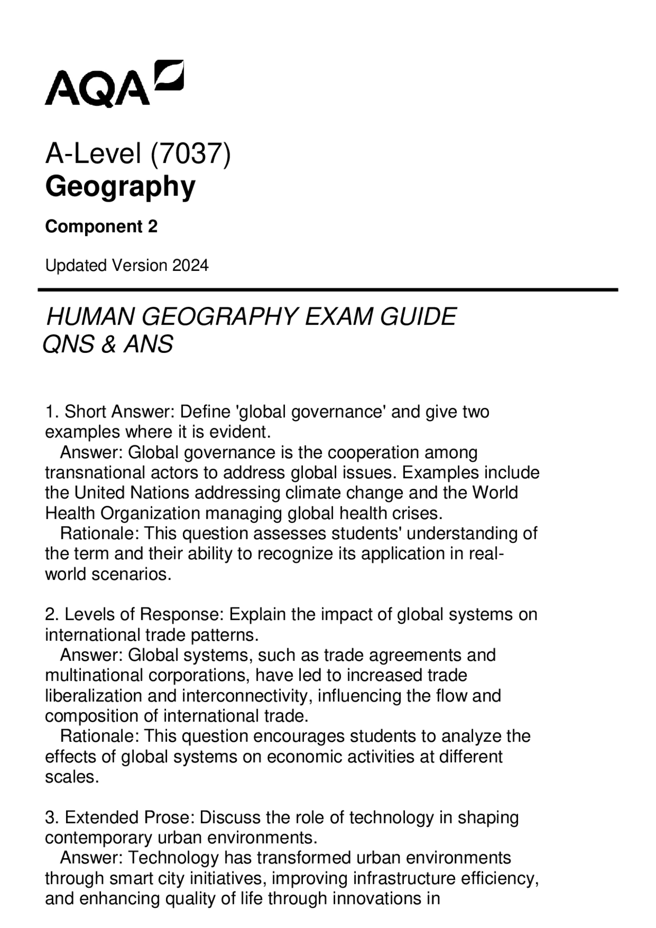 (7037) AQA A-Level Geography Component 2 Human Geography Exam Guide Qns ...