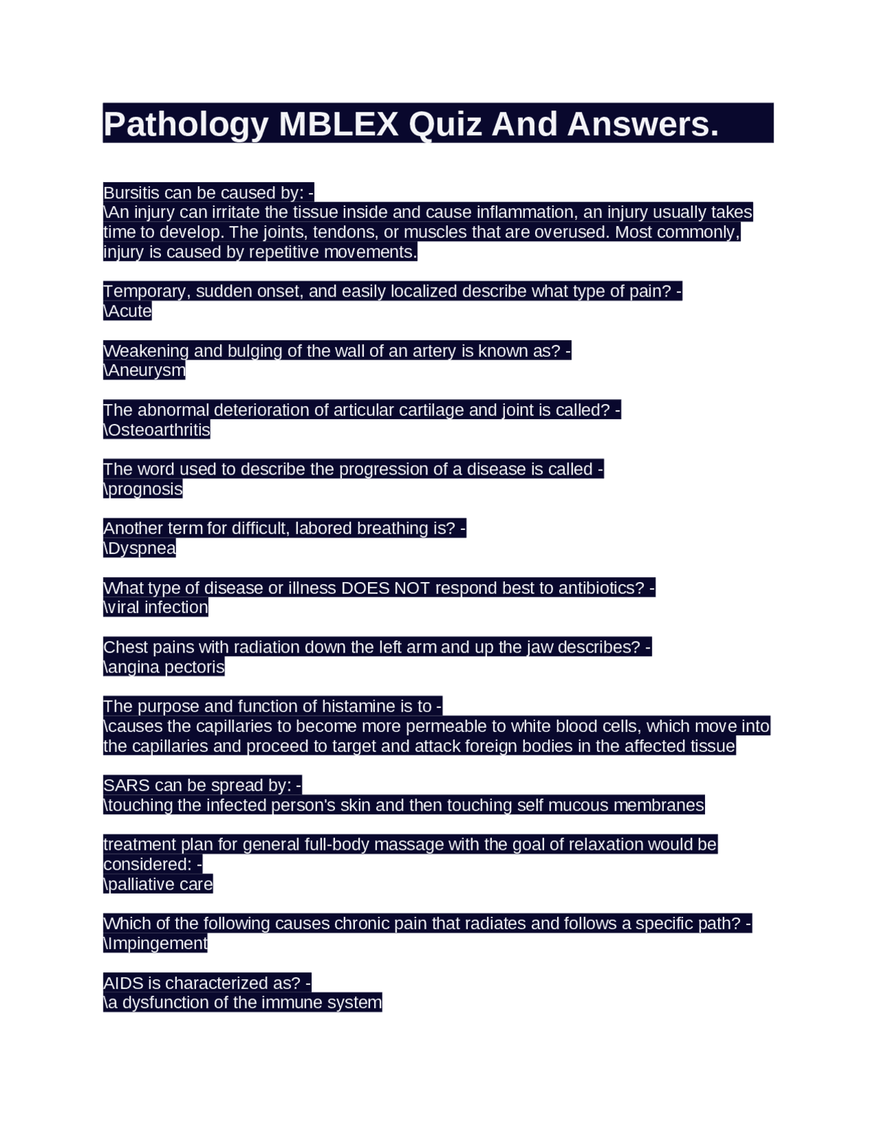 Pathology MBLEX Quiz And Answers. | Exams Health sciences | Docsity