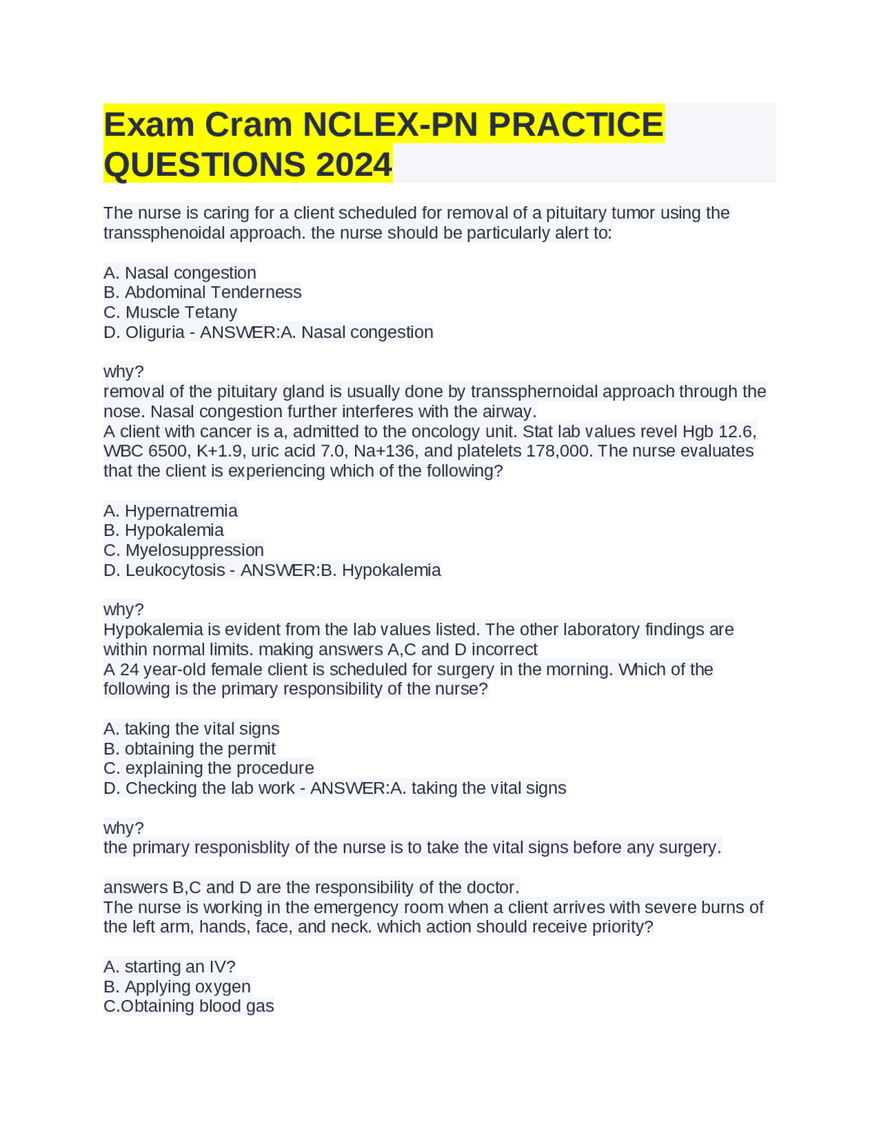 Exam Cram NCLEX-PN PRACTICE QUESTIONS 2024 | Exercises Nursing | Docsity